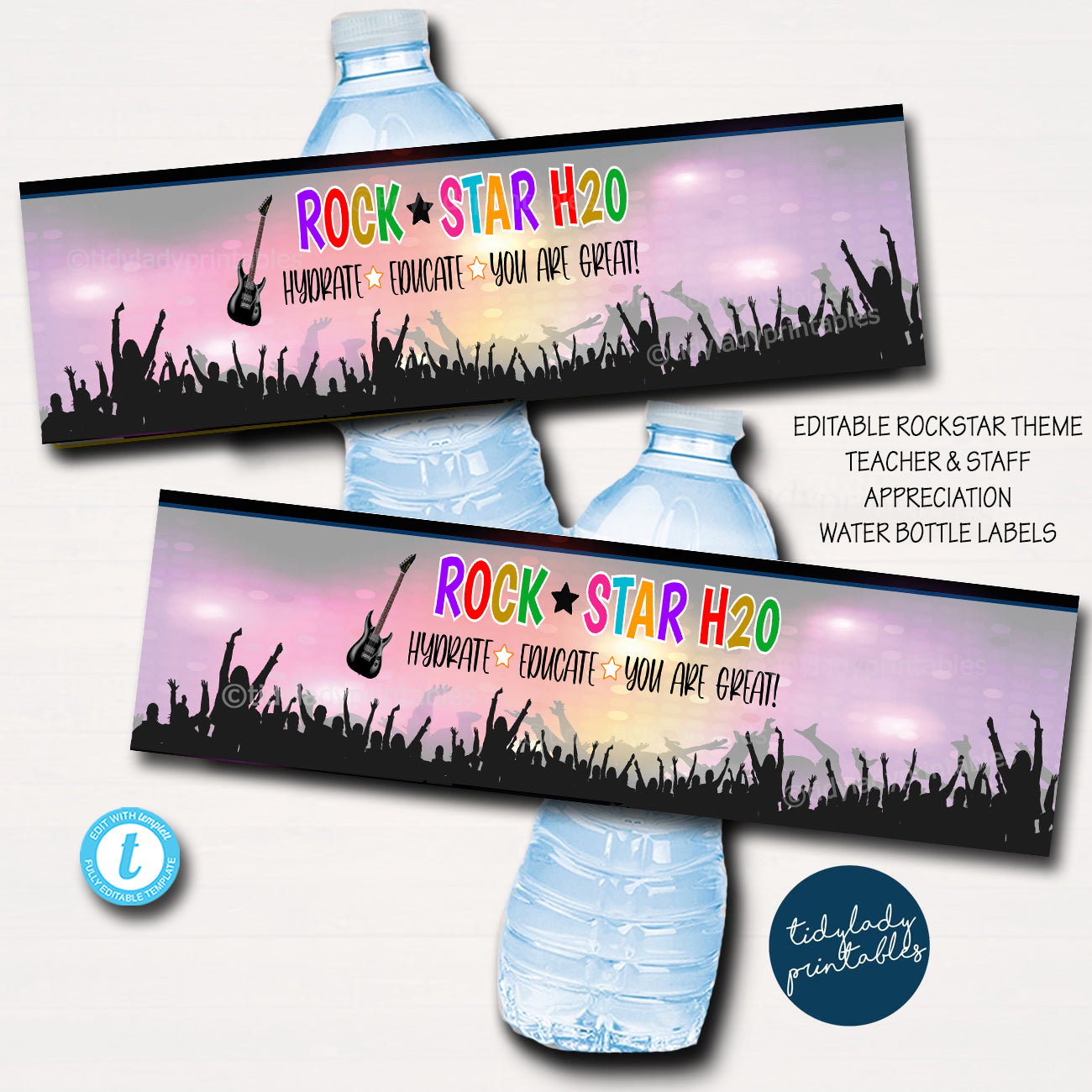 Rockstar Music Theme Party Water Bottle Labels - Templett Shop