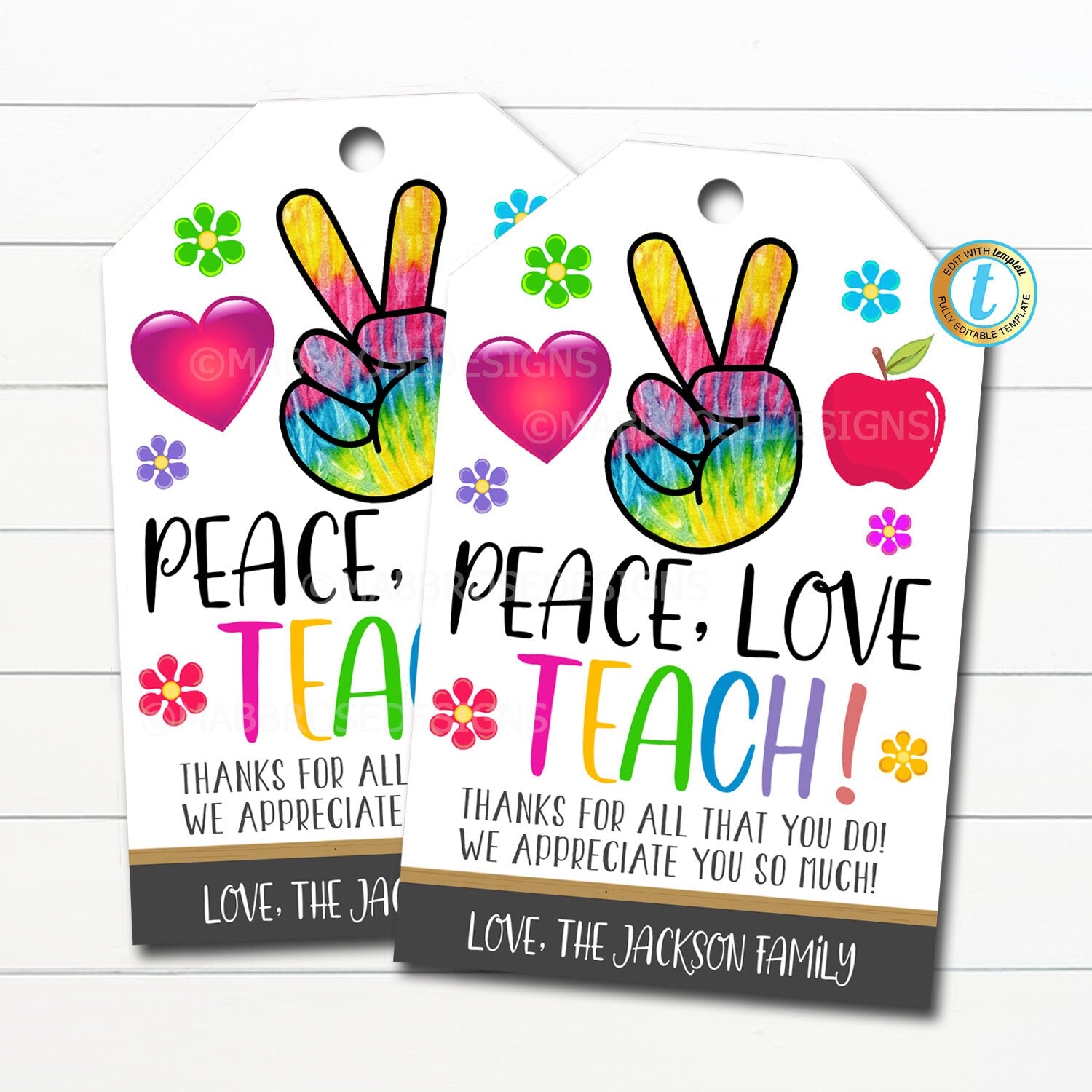Peace Love Teach Teacher Appreciation Week Gift Tags - Templett Shop