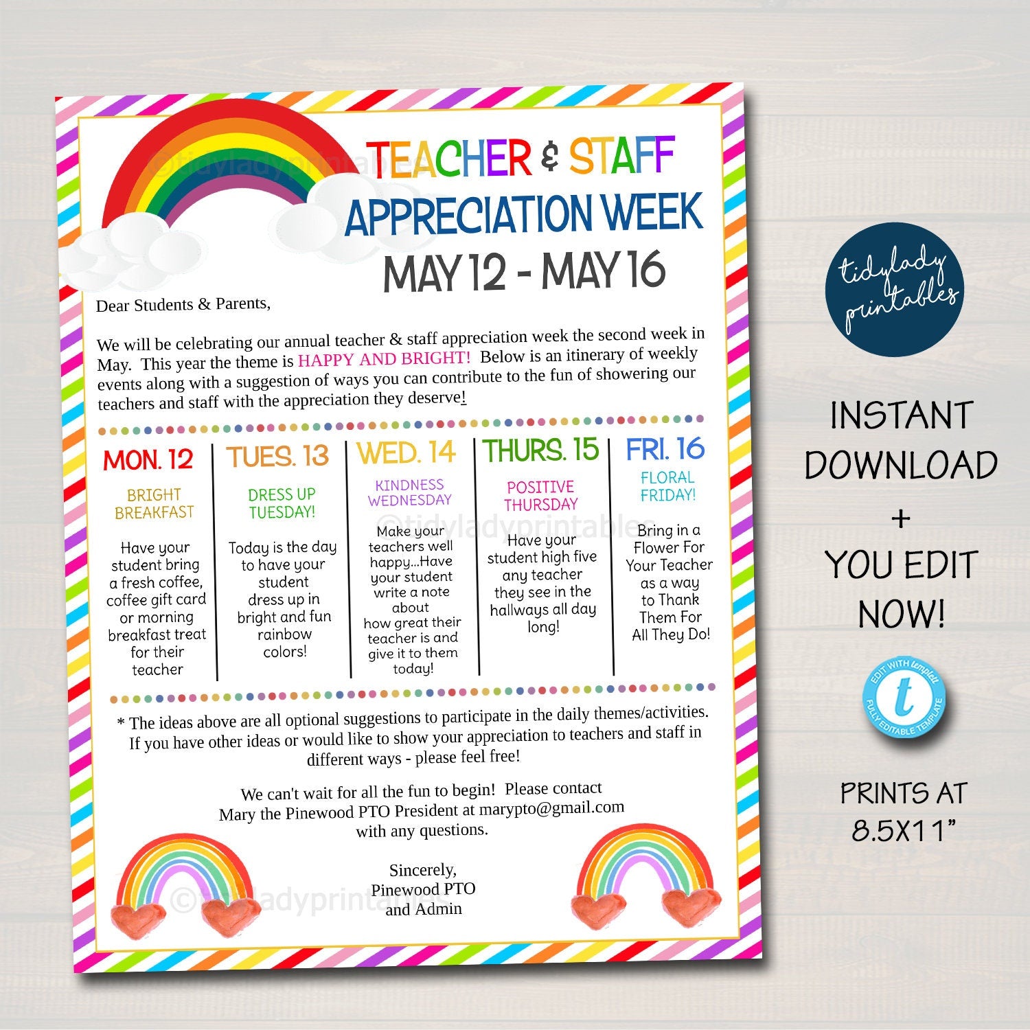 Rainbow Theme Teacher Appreciation Staff Newsletter - Templett Shop