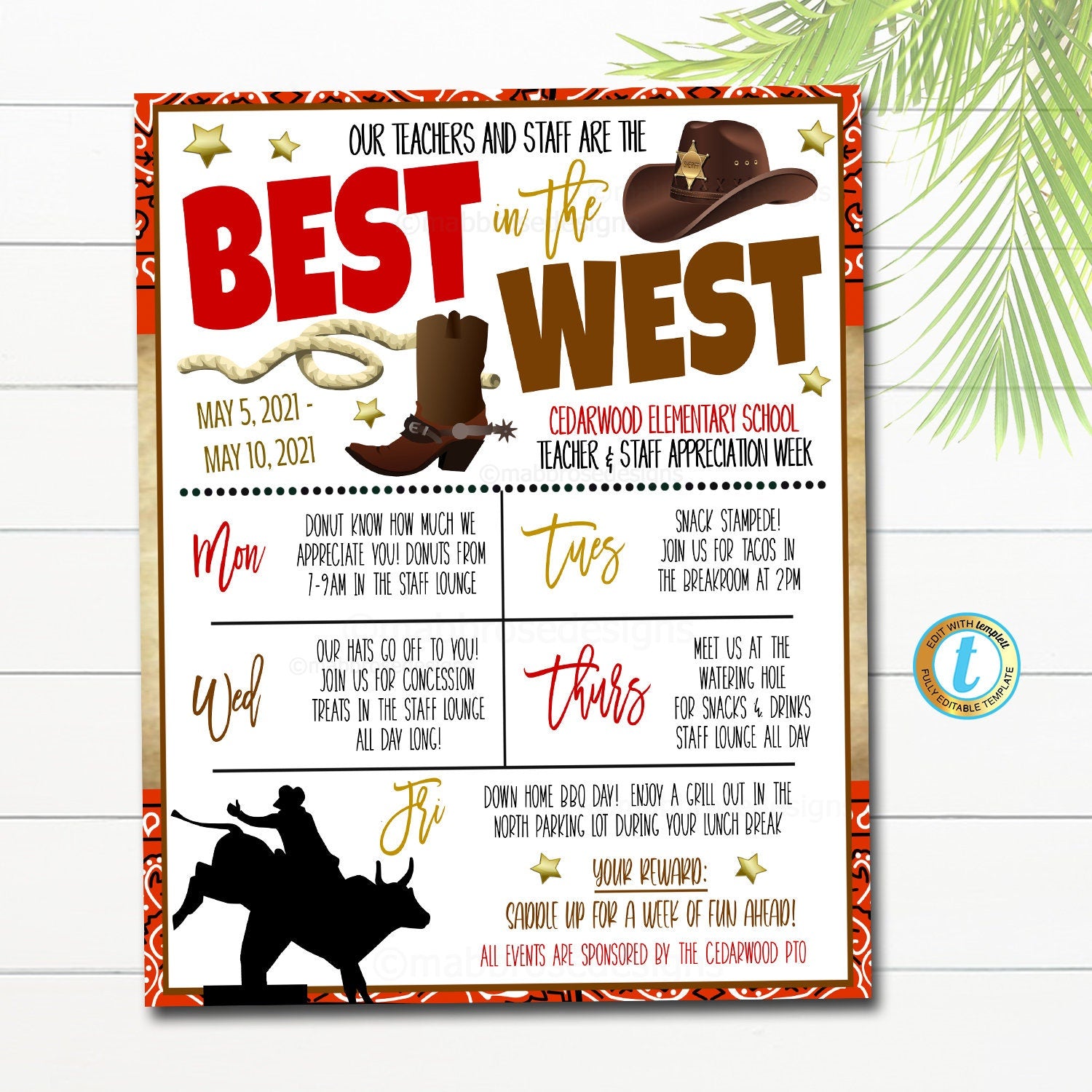 Western Themed Teacher Appreciation Week Itinerary Poster - Templett Shop