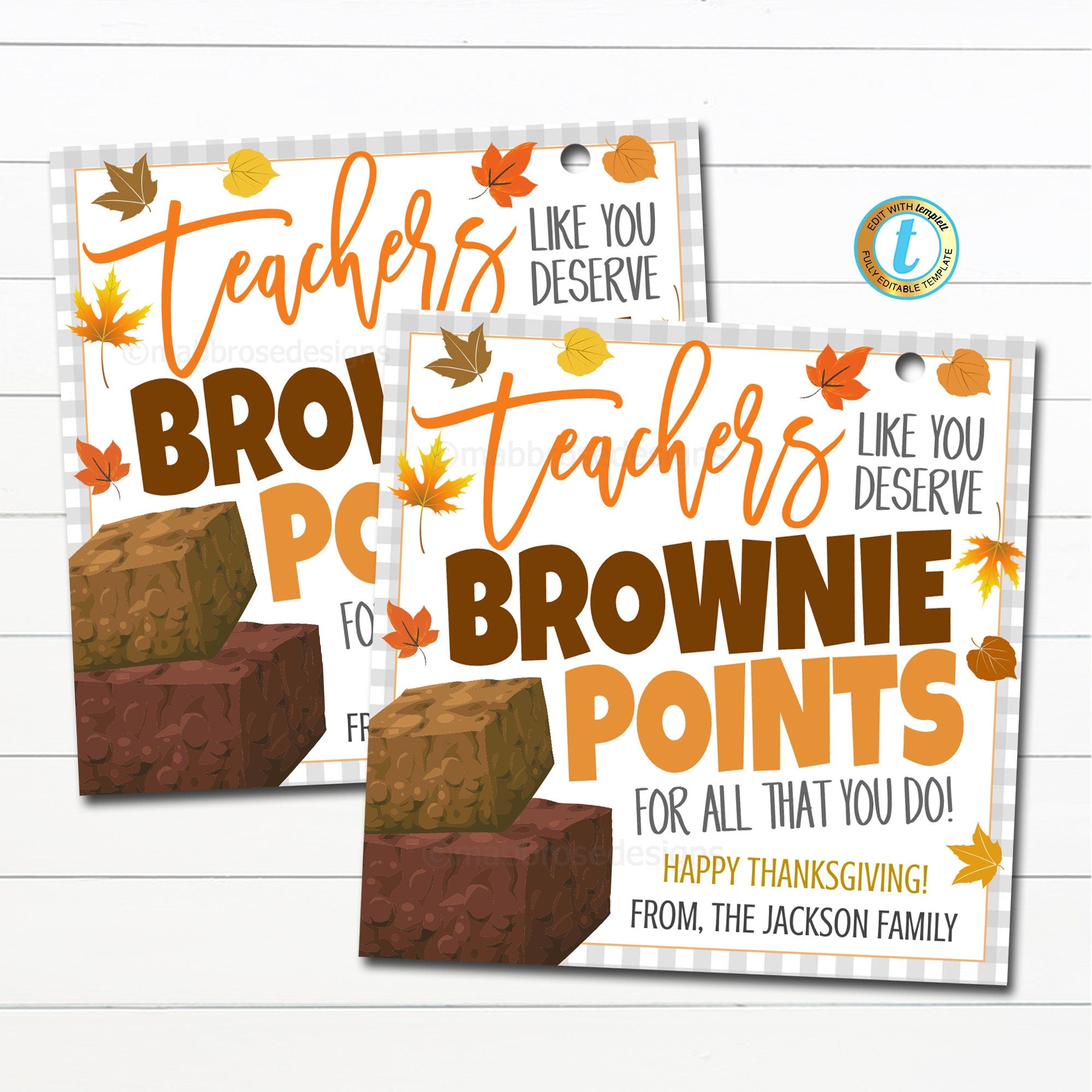 Fall Teacher Gift Tags, Teachers Deserve Brownie points - Templett Shop