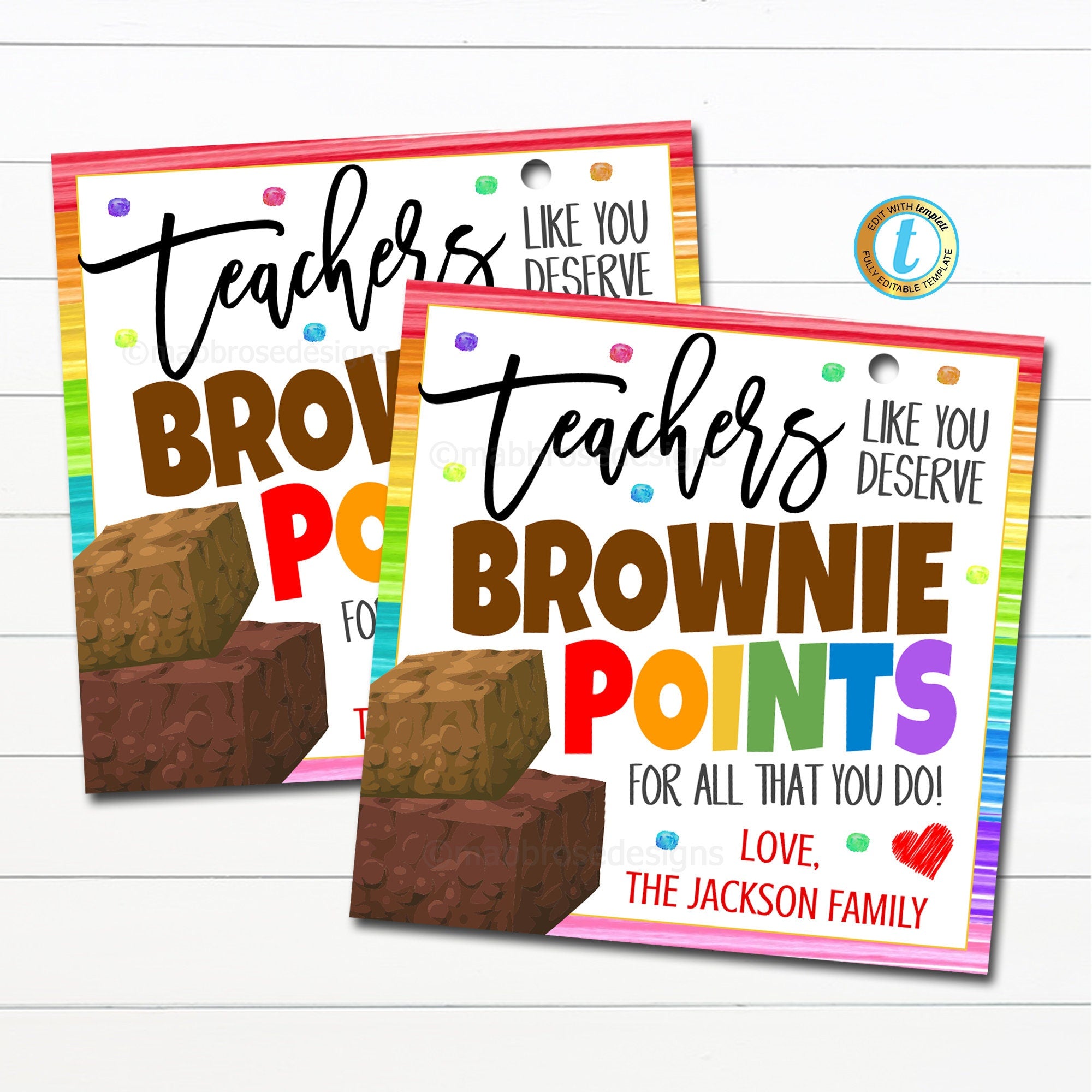 Teacher Gift Tags, Teachers Deserve Brownie points - Templett Shop