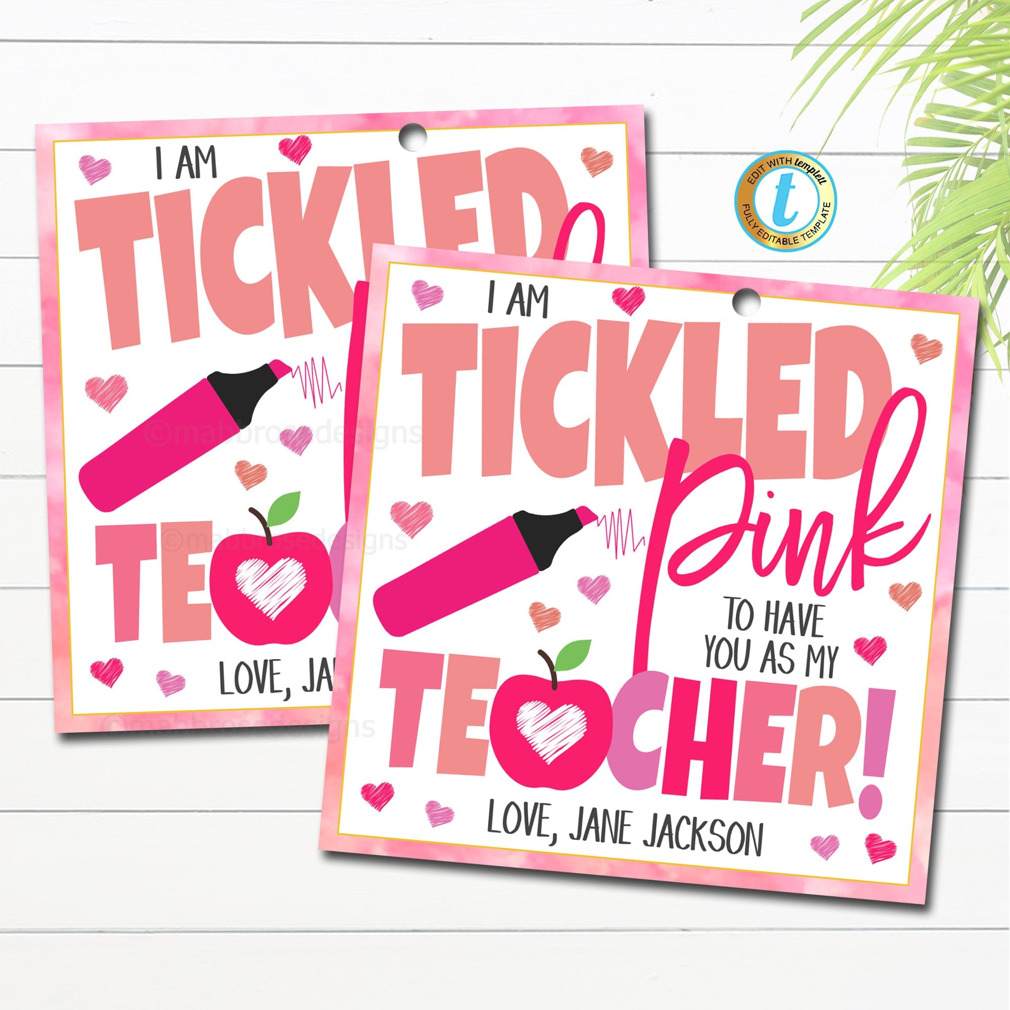 Tickled Pink Teacher Gift Tag - Templett Shop