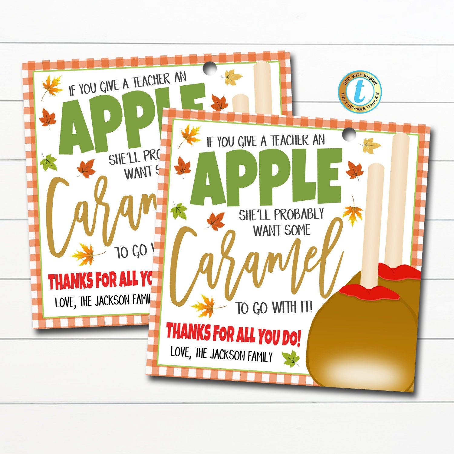 Teacher Caramel Apple Gift Tags - Templett Shop