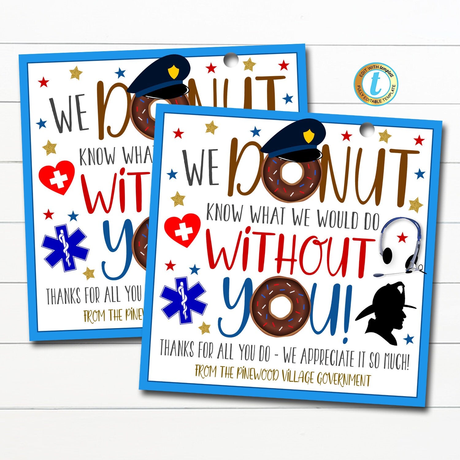 First Responders Appreciation Gift Tag, Donut Gift Tag - Templett Shop