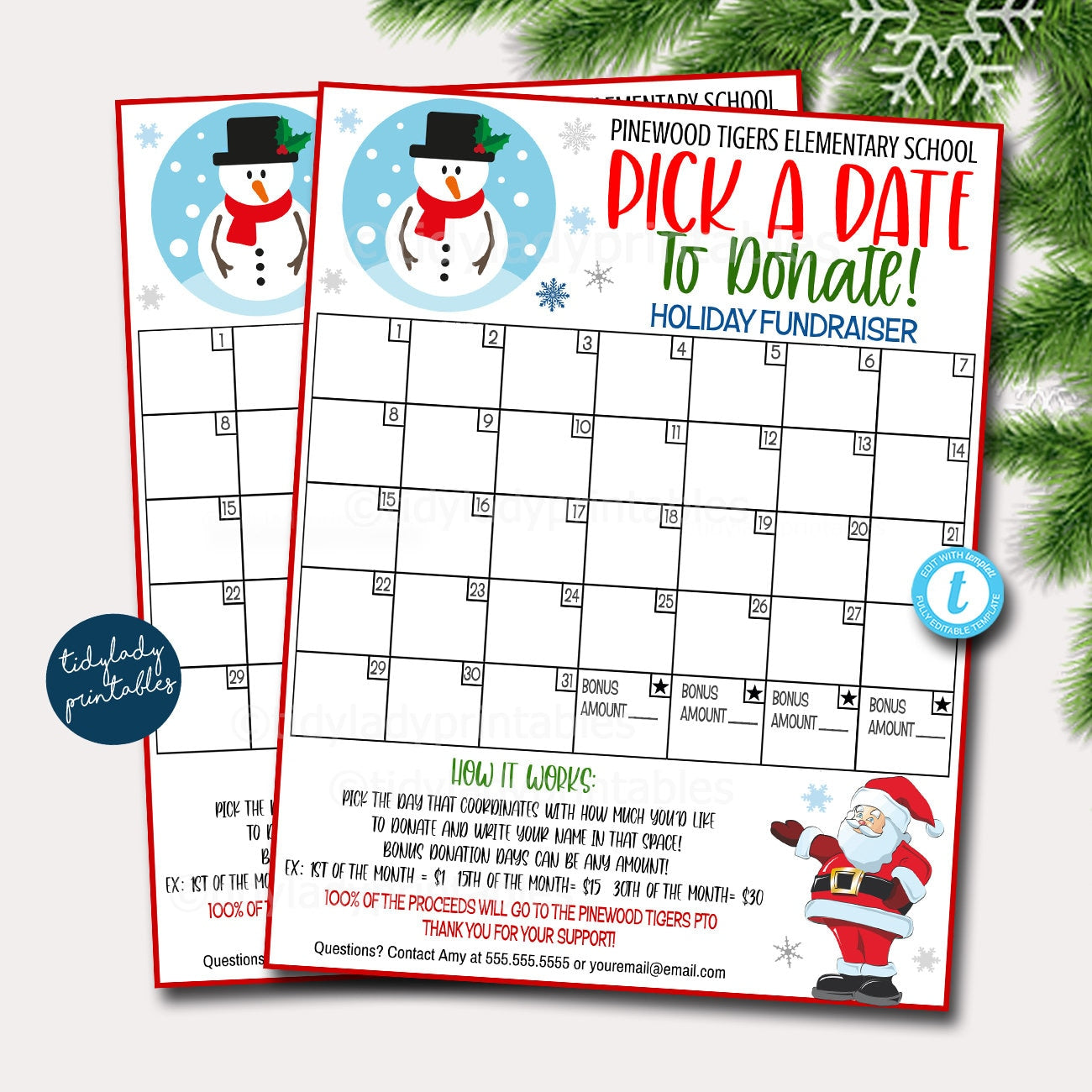Holiday Fundraiser Calendar |Pick a Date to Donate - Templett Shop