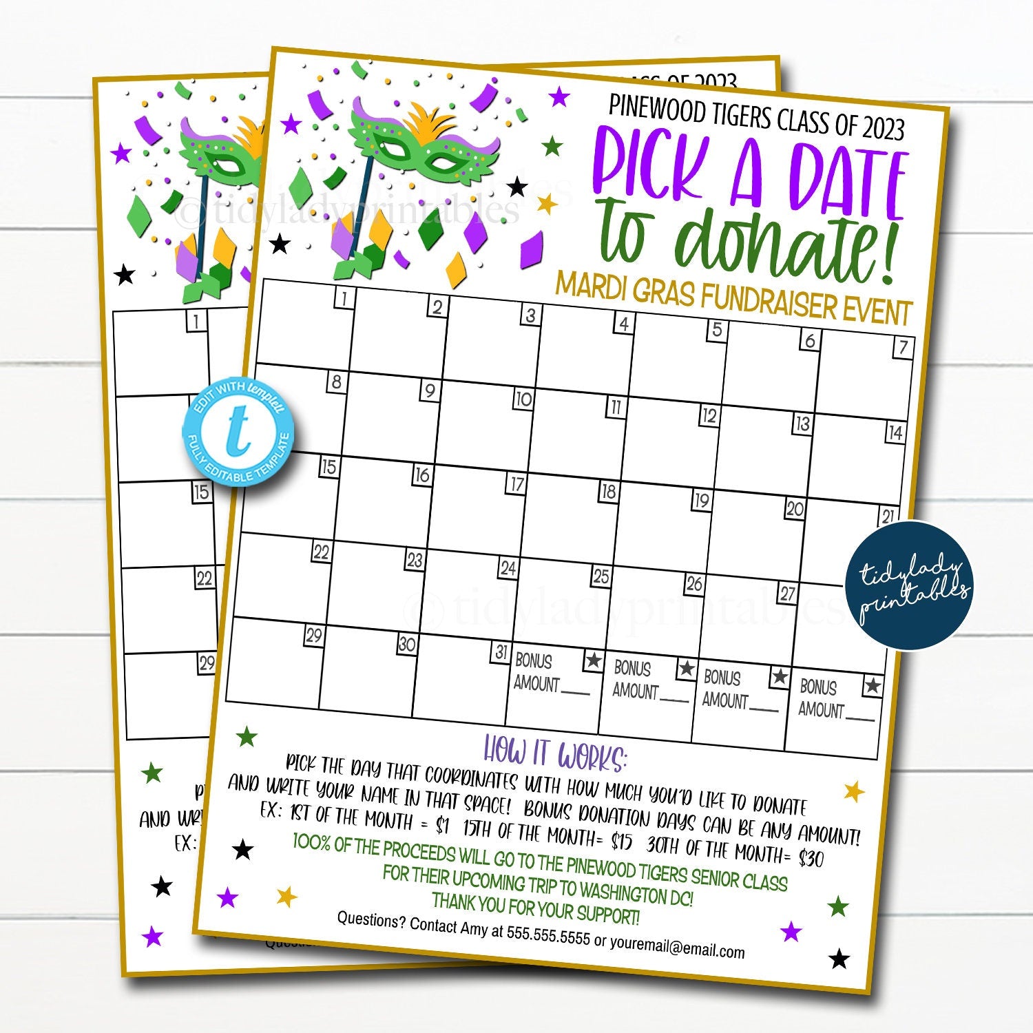 Mardi Gras Fundraiser Calendar - Templett Shop