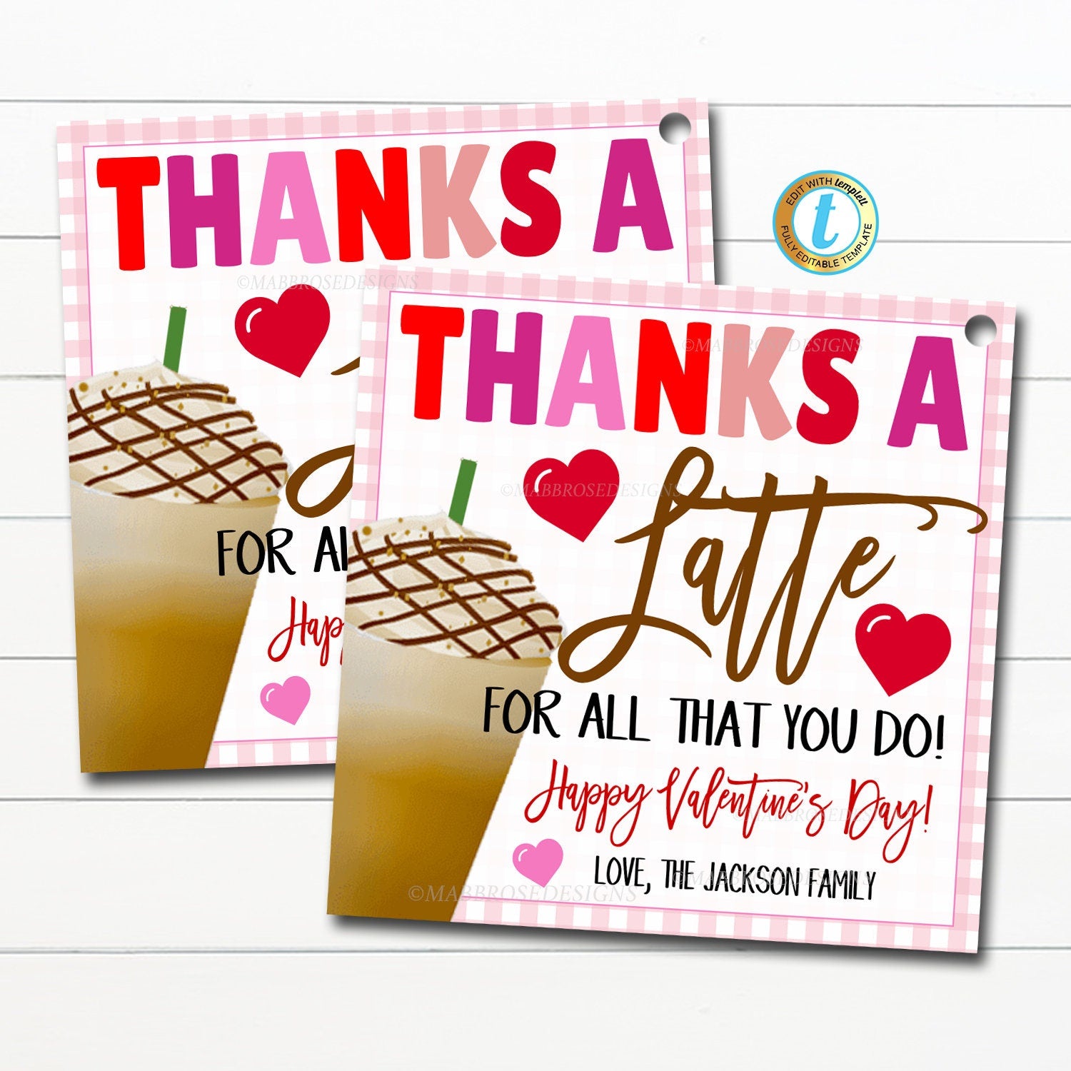 Thanks a Latte for all You Do Valentine Gift Tag - Templett Shop