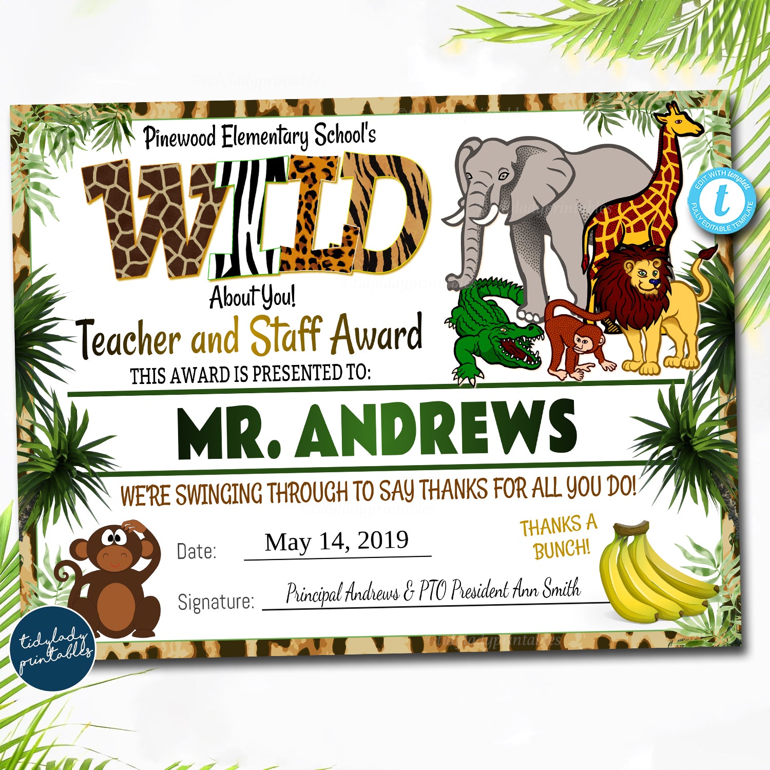 Jungle Zoo Theme Teacher Appreciation Week Award Certificates ...