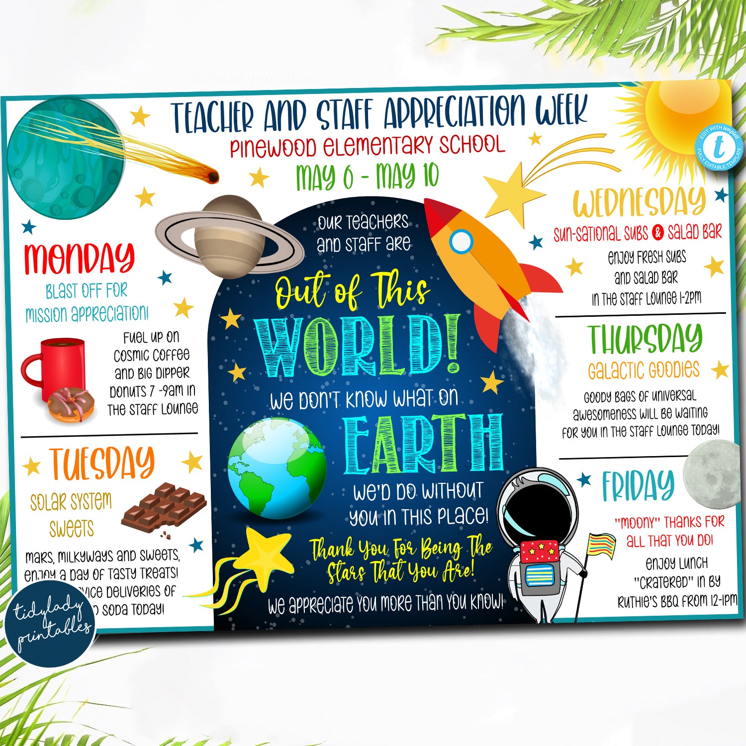 Outer Space Themed Teacher Appreciation Week Itinerary Poster ...
