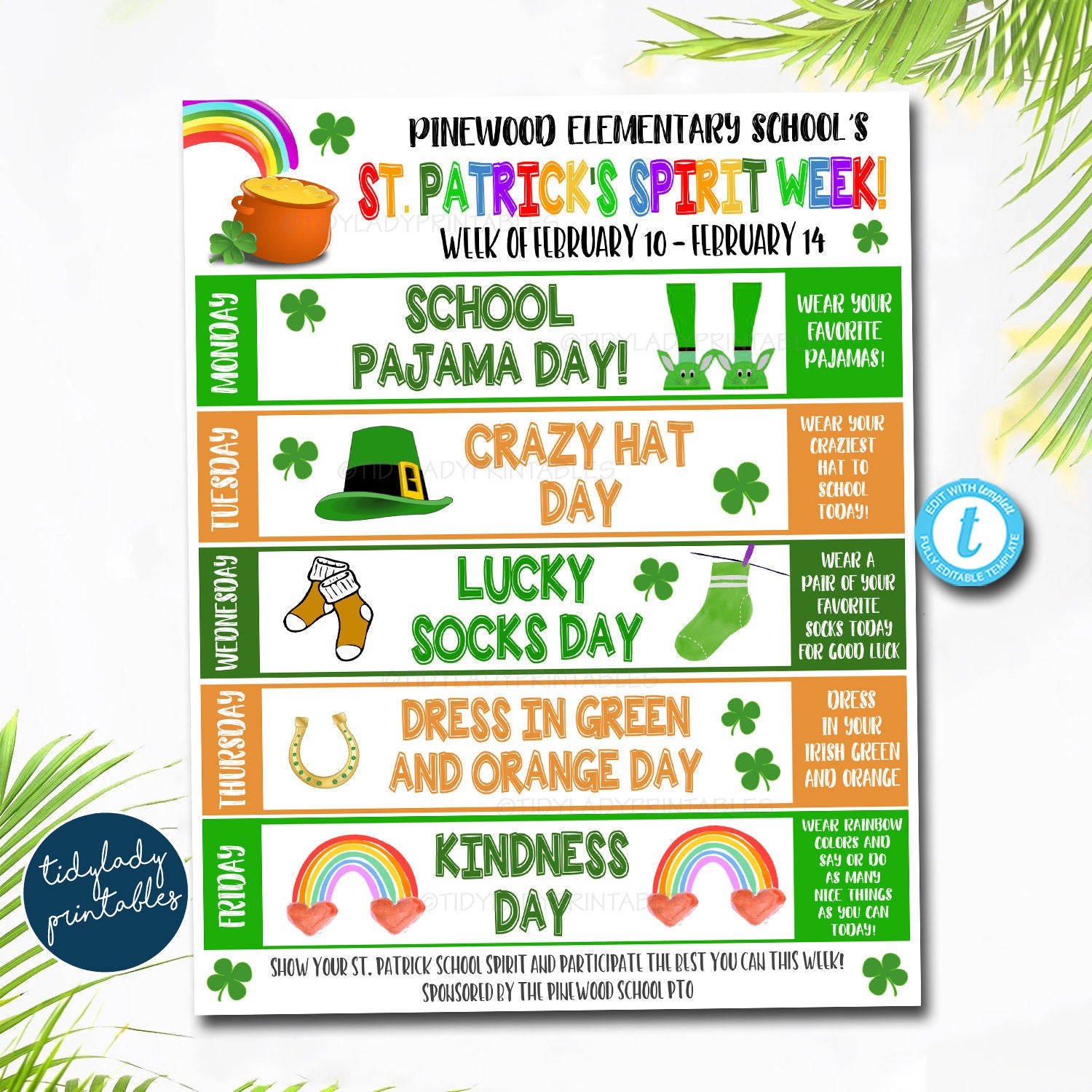 St. Patrick's Day School Spirit Week Itinerary Schedule - Templett Shop