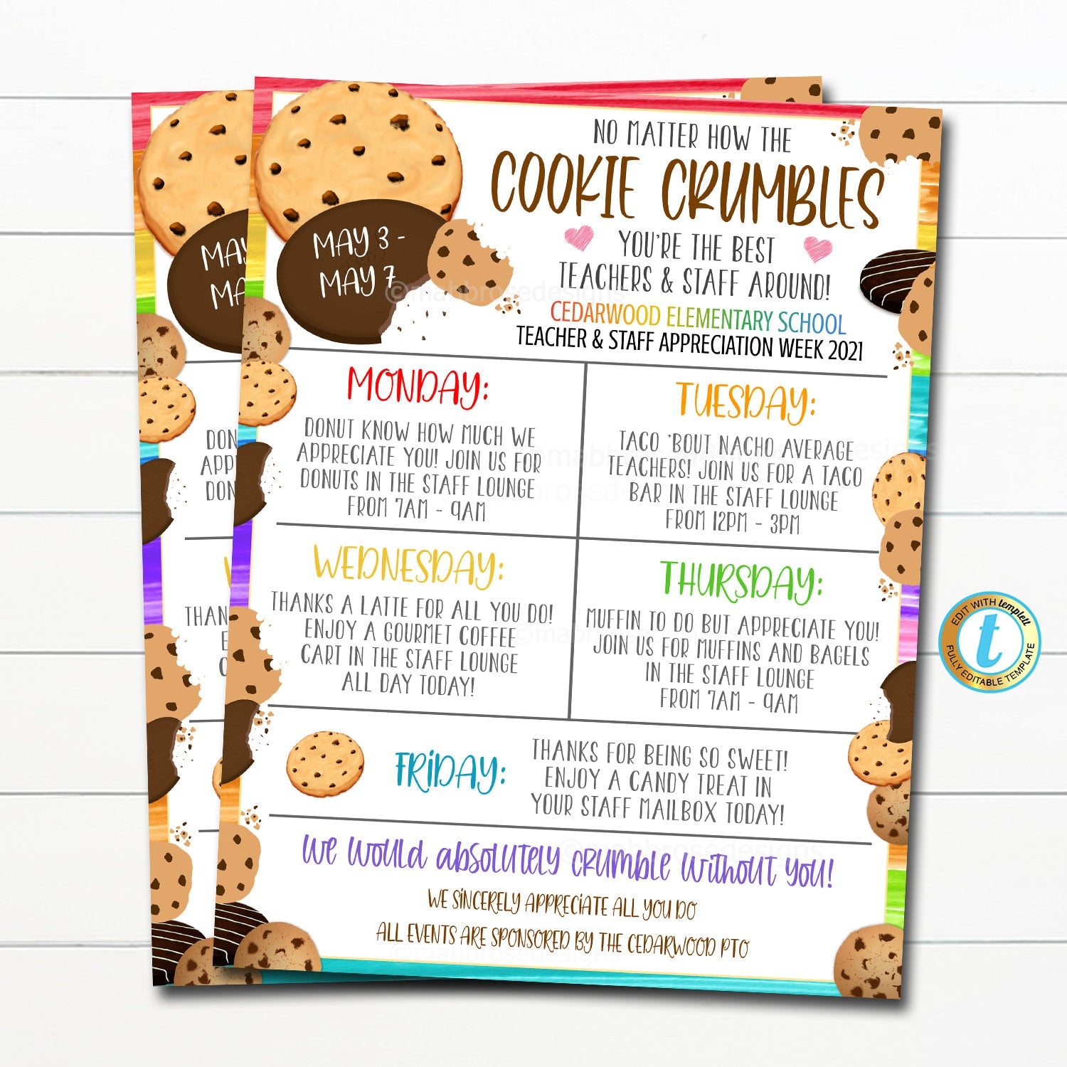 Teacher Appreciation Week Itinerary, Cookie Theme - Templett Shop