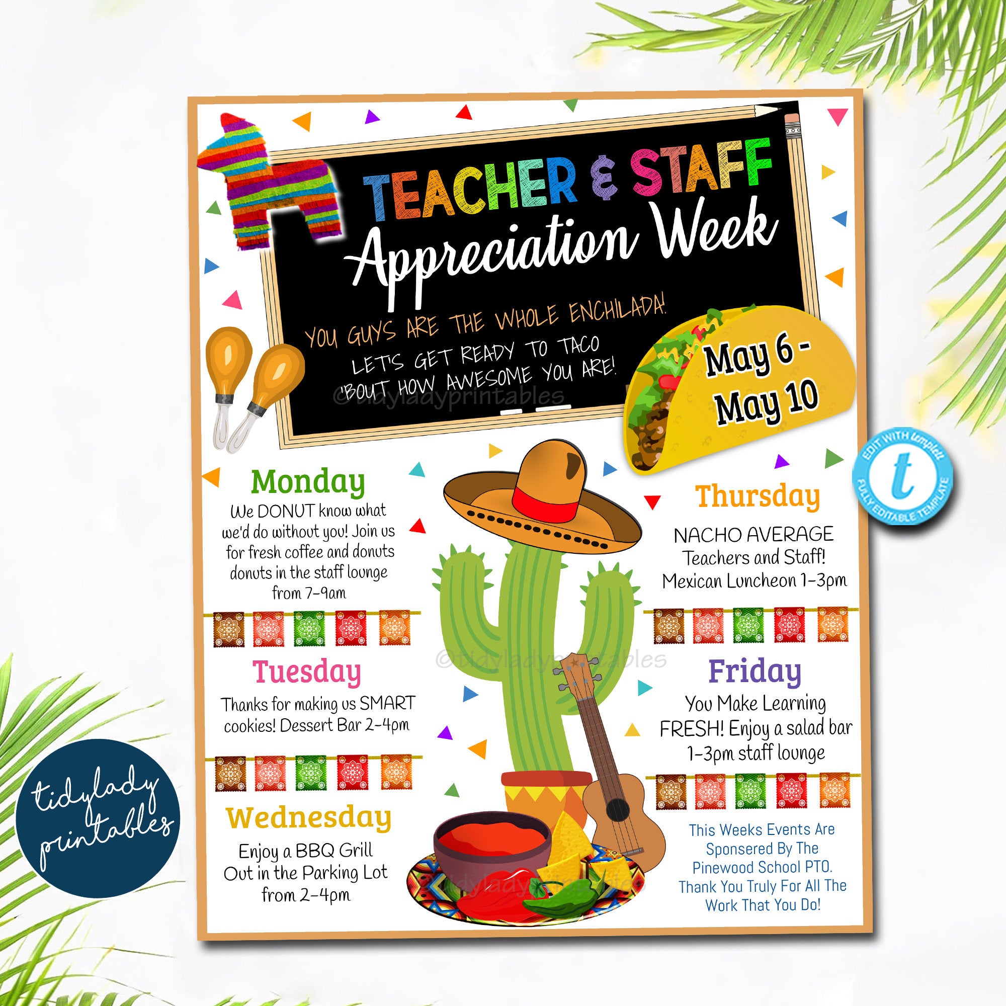 Fiesta Themed Teacher Appreciation Week Itinerary Poster - Templett Shop