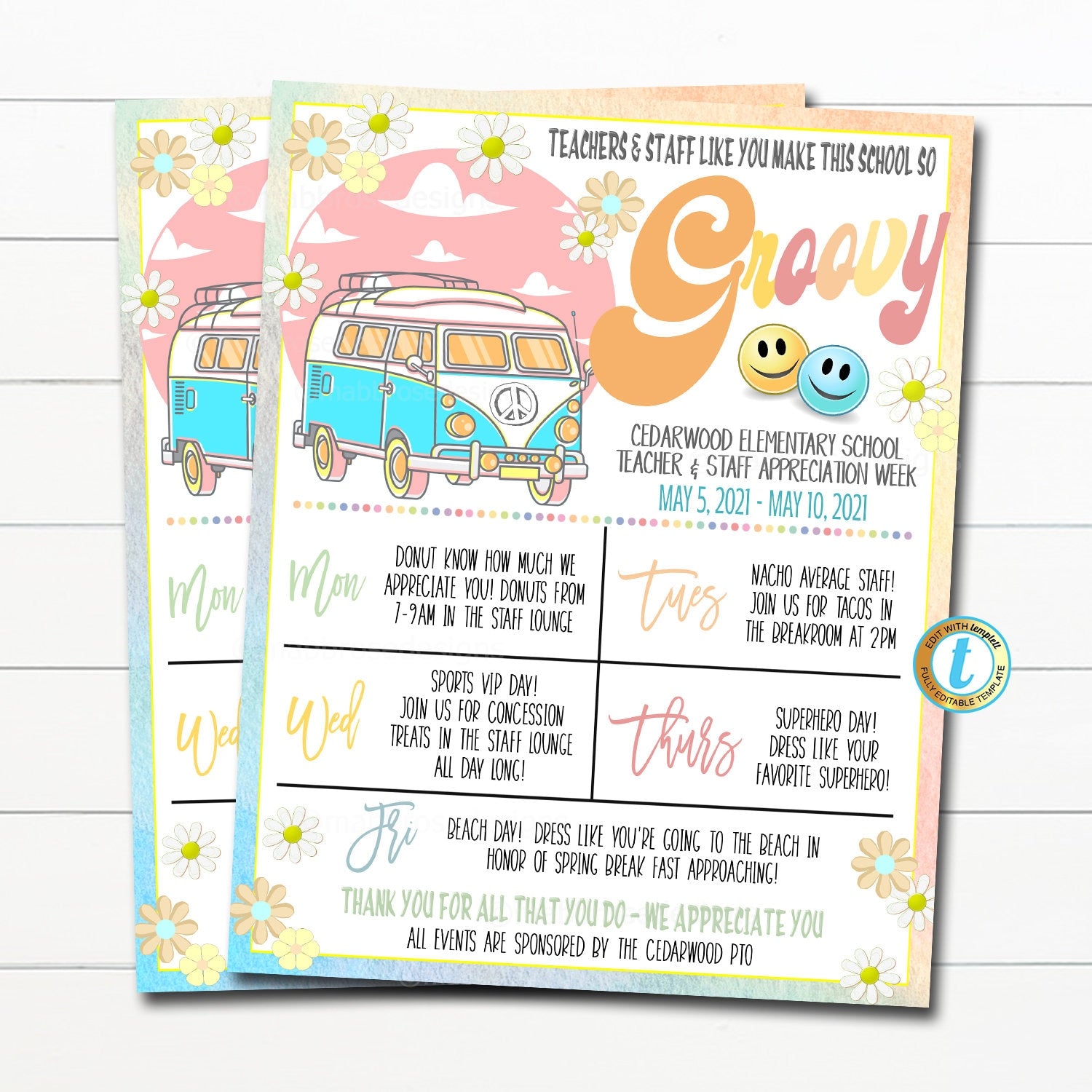 Groovy Teacher Appreciation Week Itinerary - Templett Shop