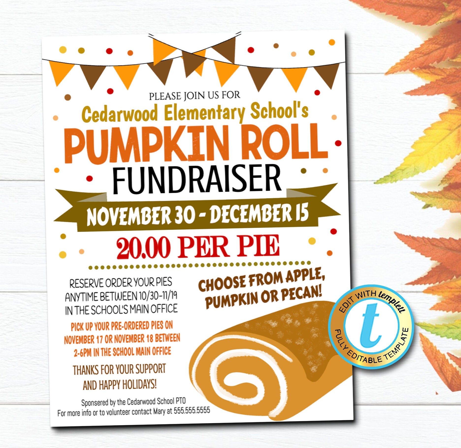 Fall Pumpkin Roll Fundraiser Flyer - Templett Shop