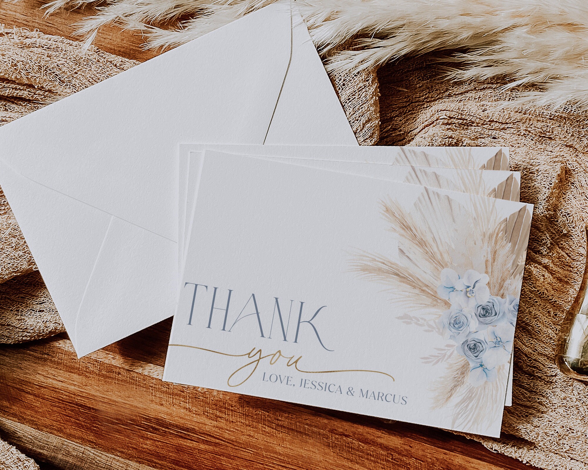 Boho Thank You Card Template, Printable Thank You Card, Blue Boho Baby ...