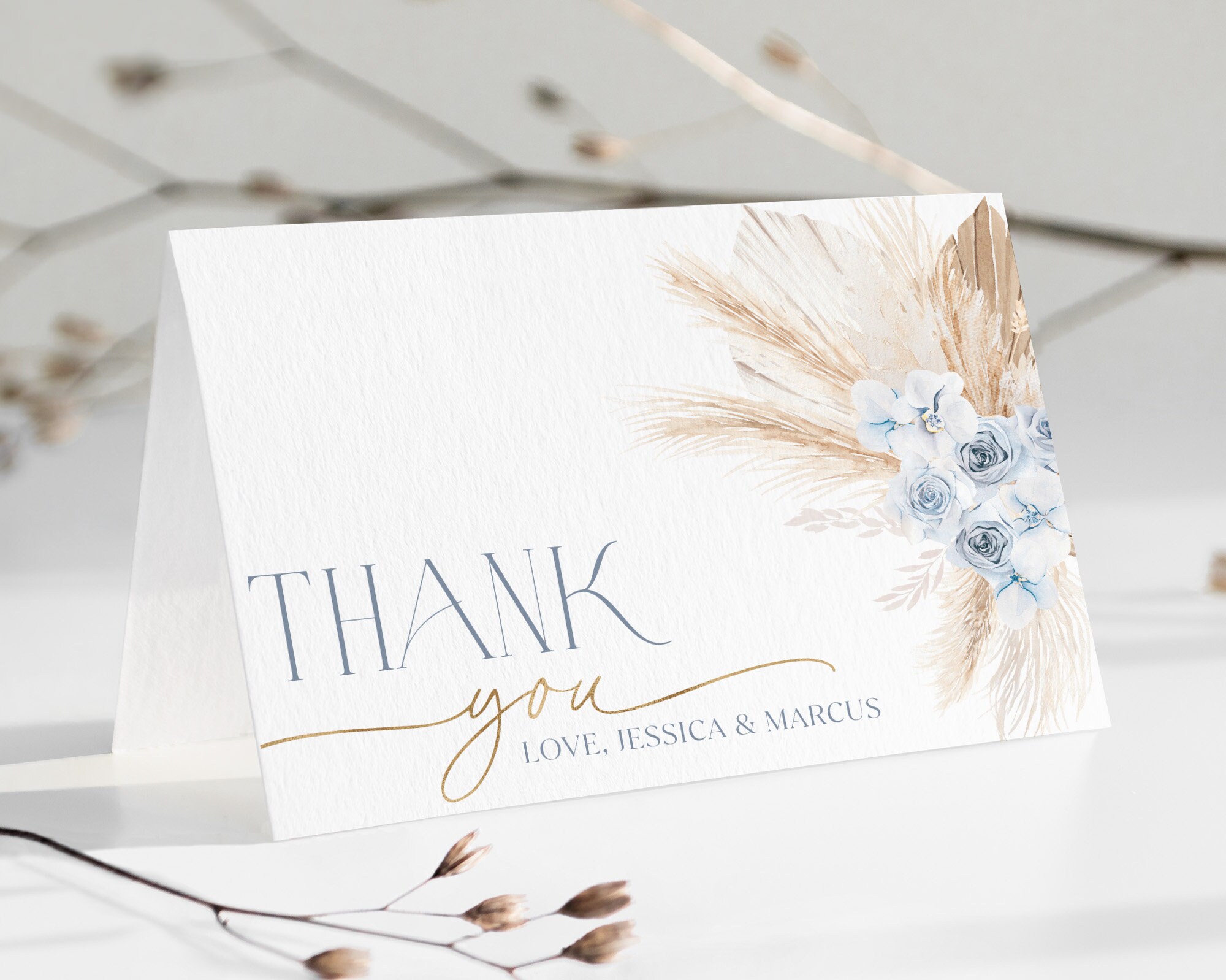 Boho Thank You Card Template, Printable Thank You Card, Blue Boho Baby ...