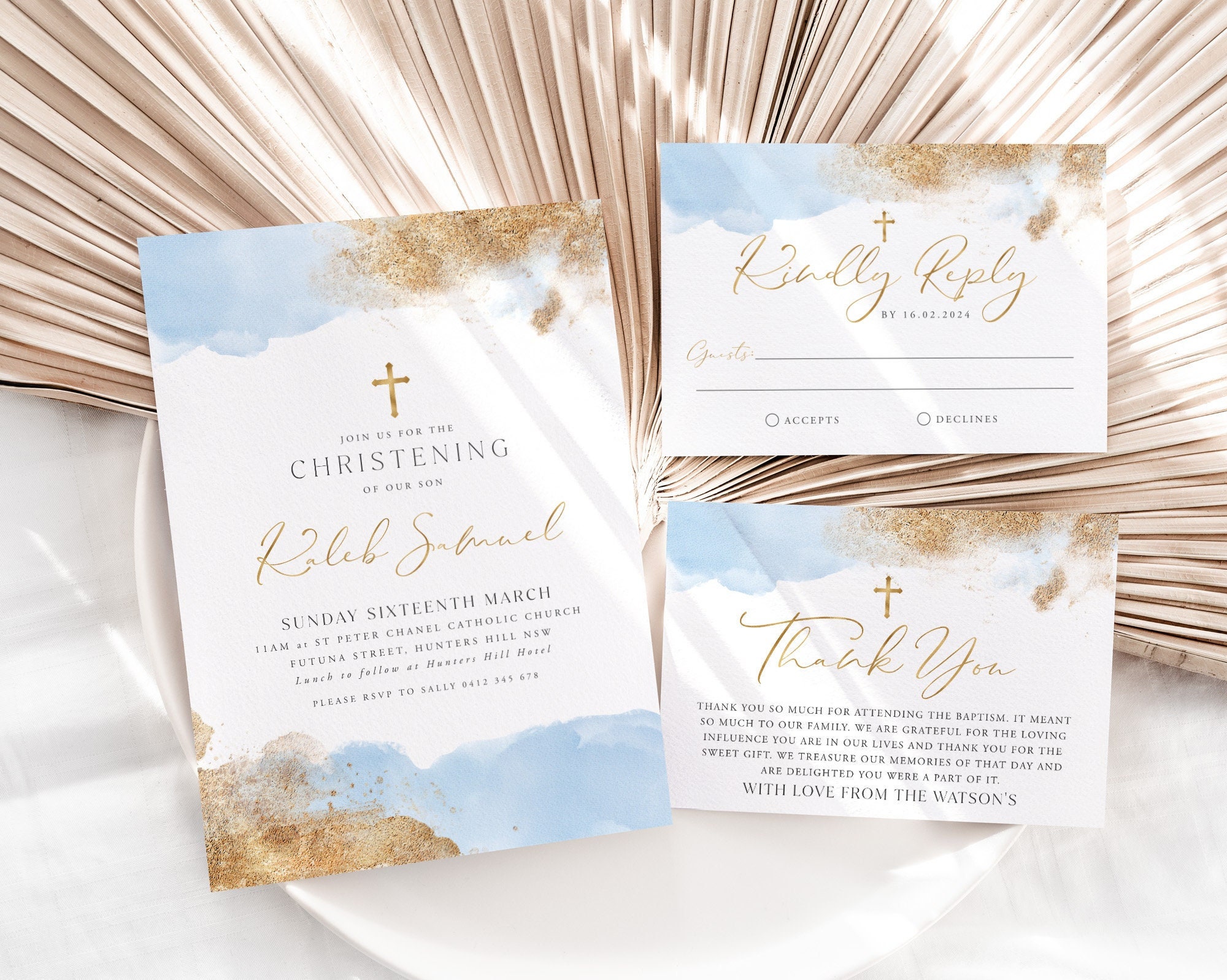 Blue Christening Invitation, Boys Baptism Invitation Template, Blue and ...