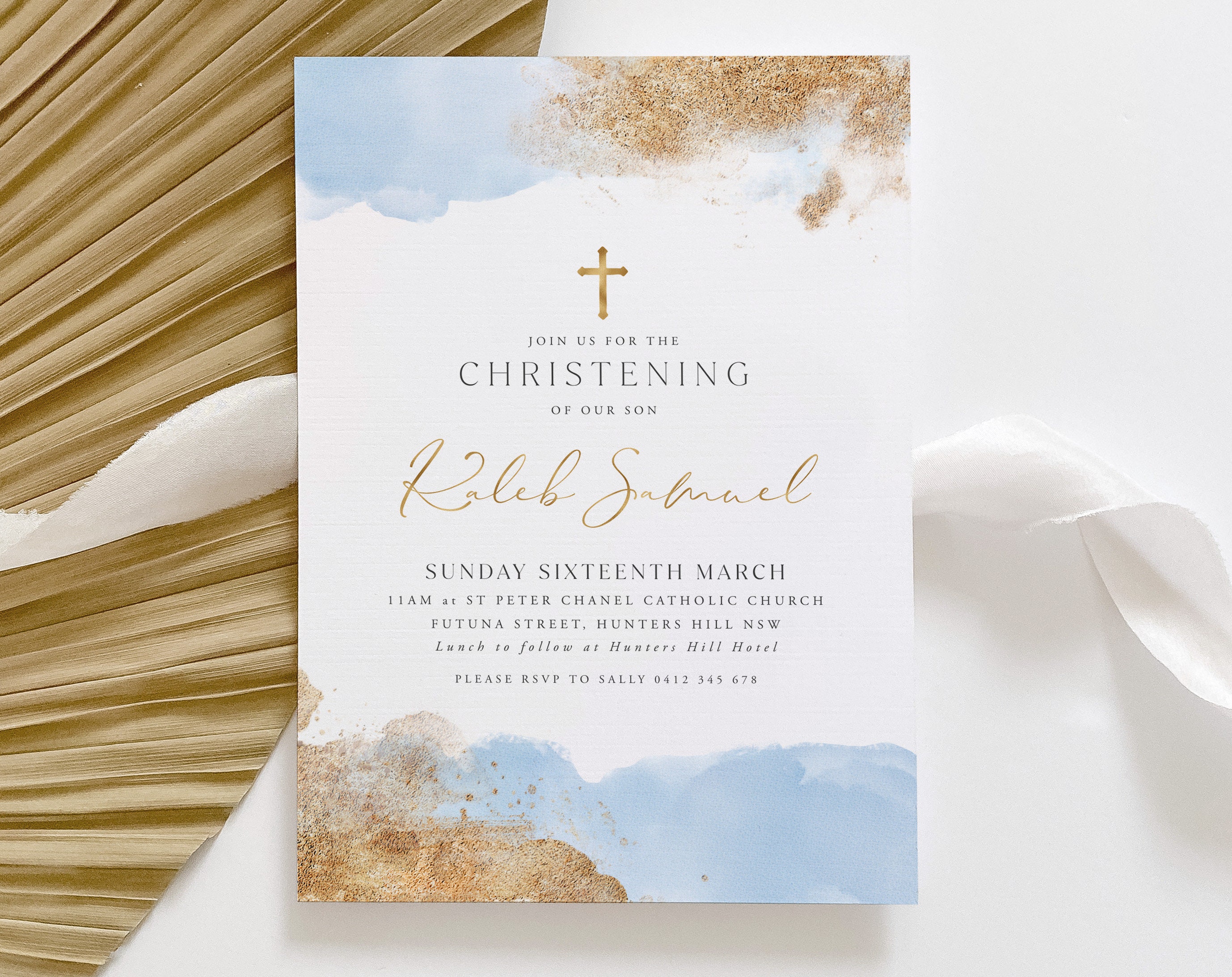 Blue Christening Invitation, Boys Baptism Invitation Template, Blue and ...