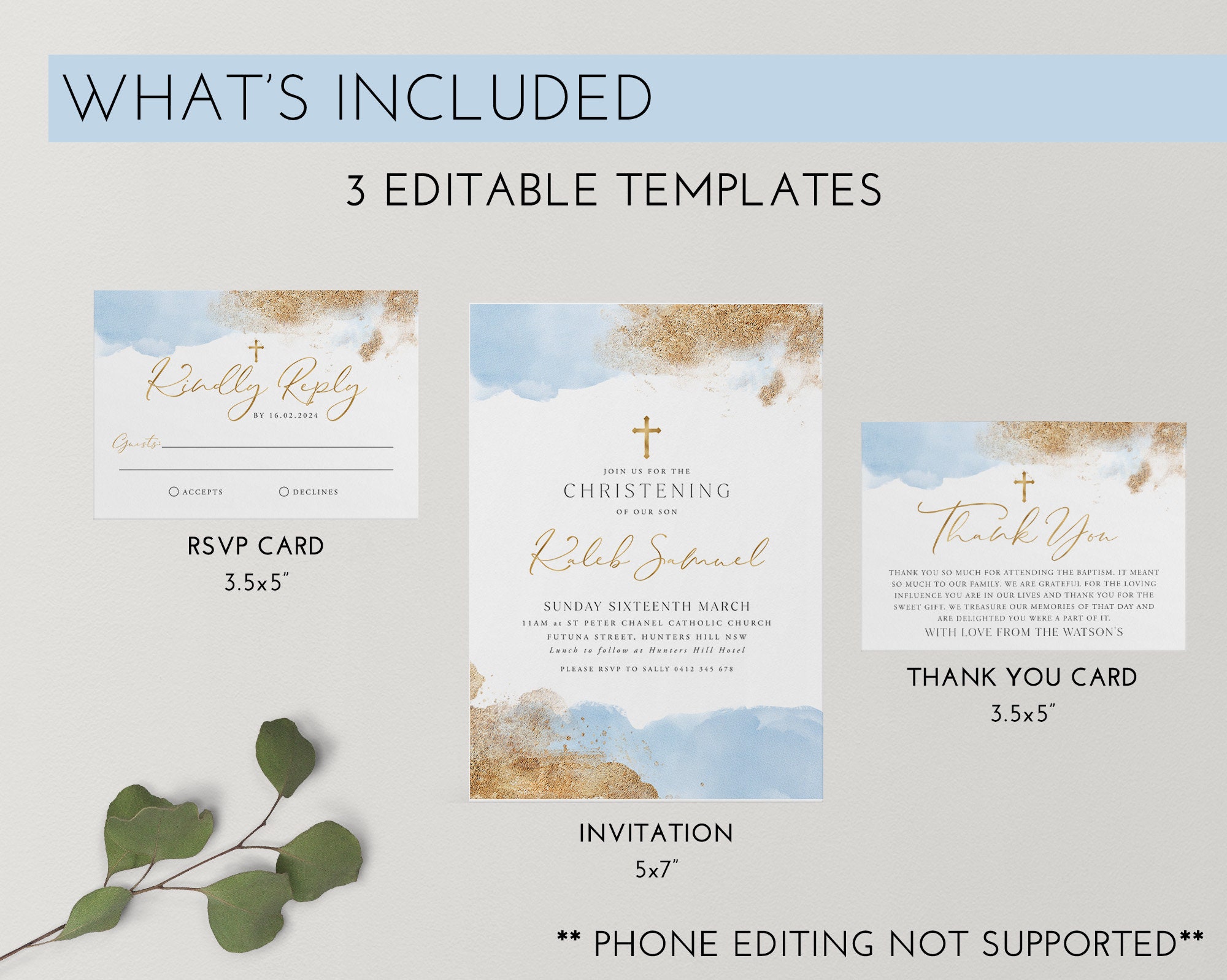 Blue Christening Invitation, Boys Baptism Invitation Template, Blue and ...