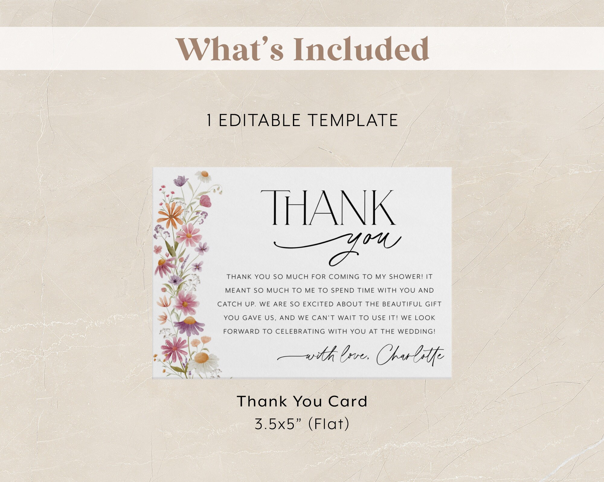 Wildflower Thank You Card Template, Printable Thank You Card Instant ...