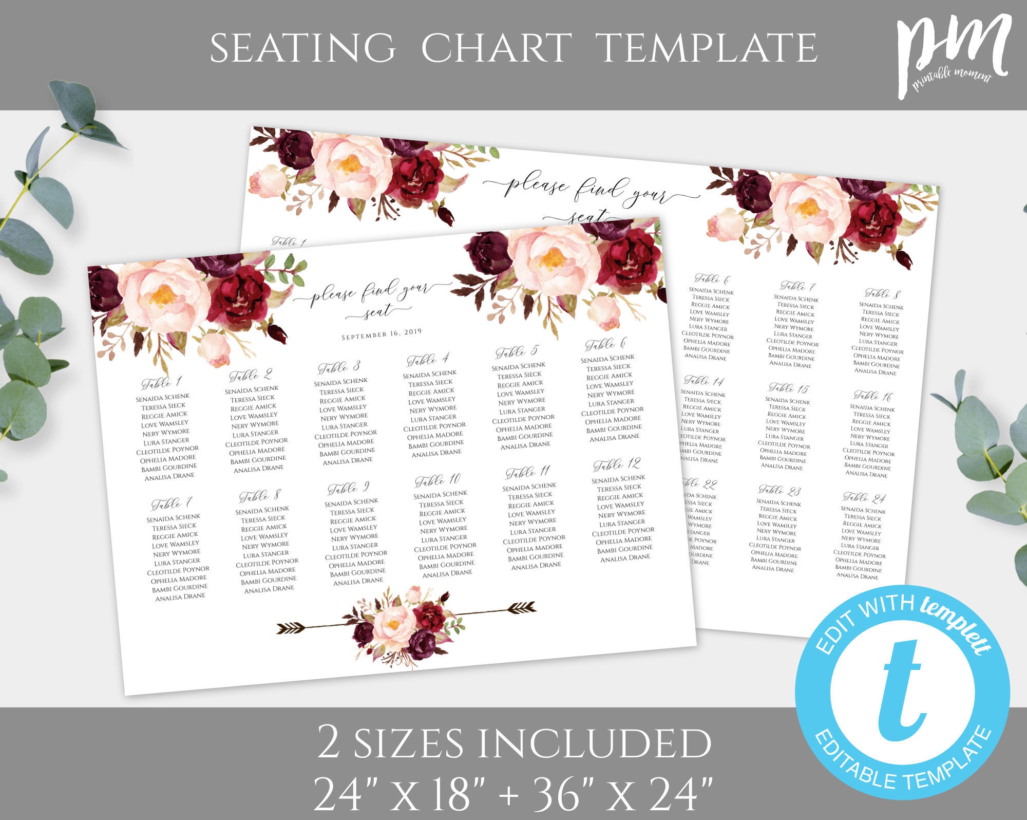Burgundy Wedding Seating Plan Sign Template, Landscape Seating Chart ...
