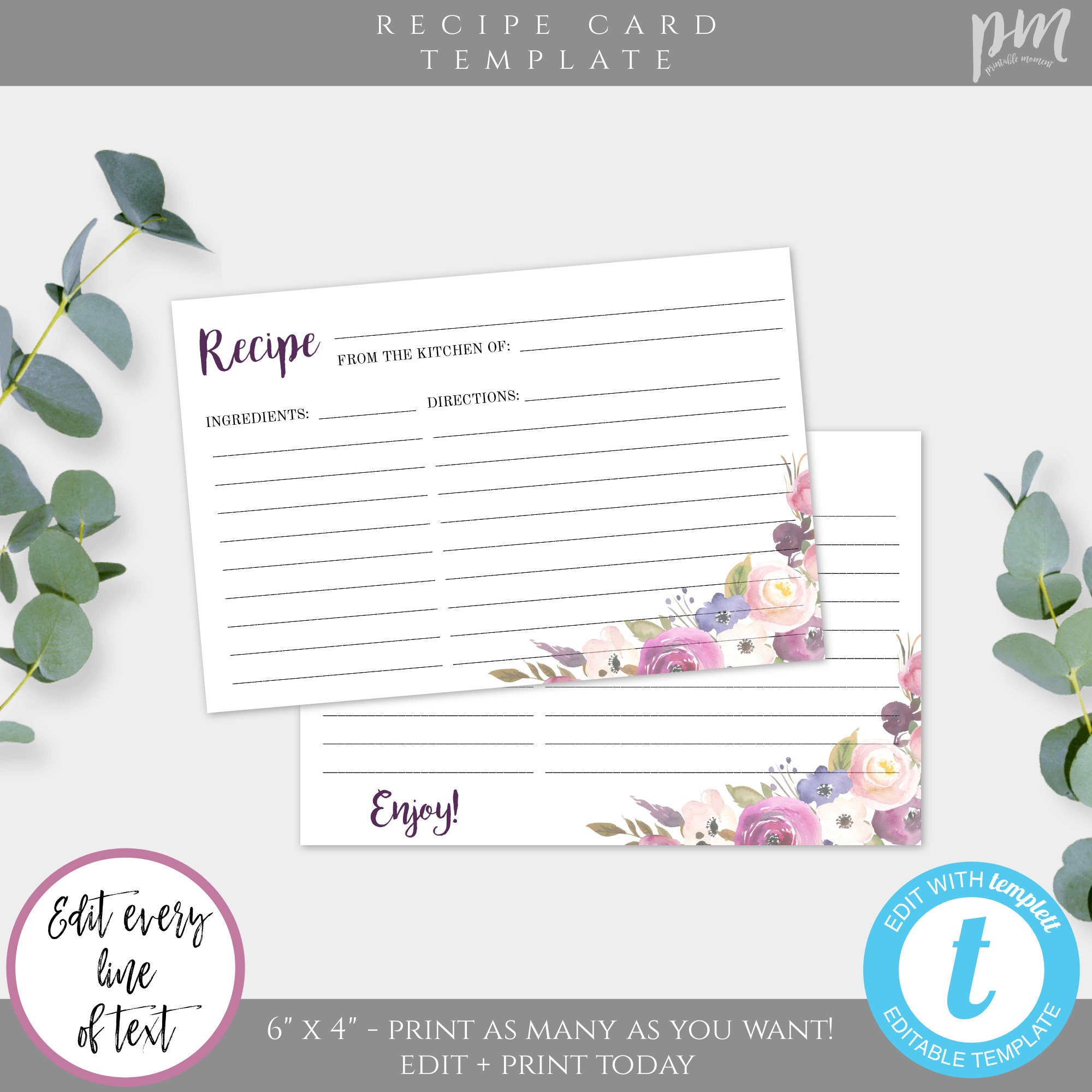 Purple Floral Recipe Card Template, Bridal Shower Recipe Card ...