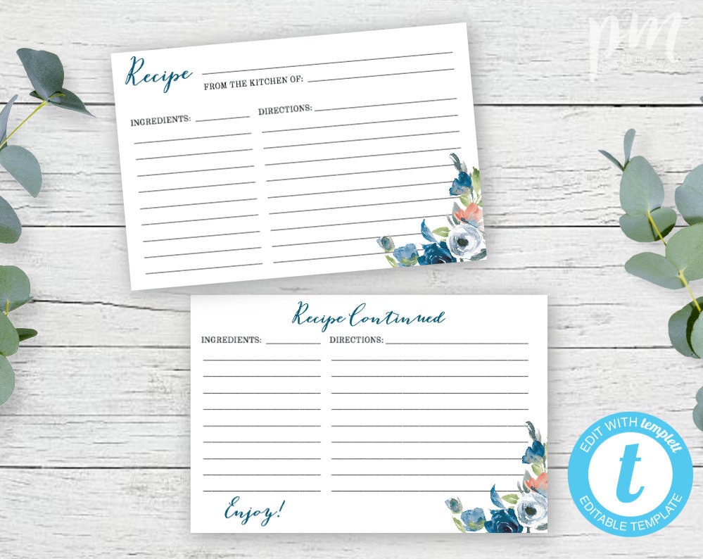 Navy & Coral Recipe Card Template, Bridal Shower Recipe Card, Printable ...