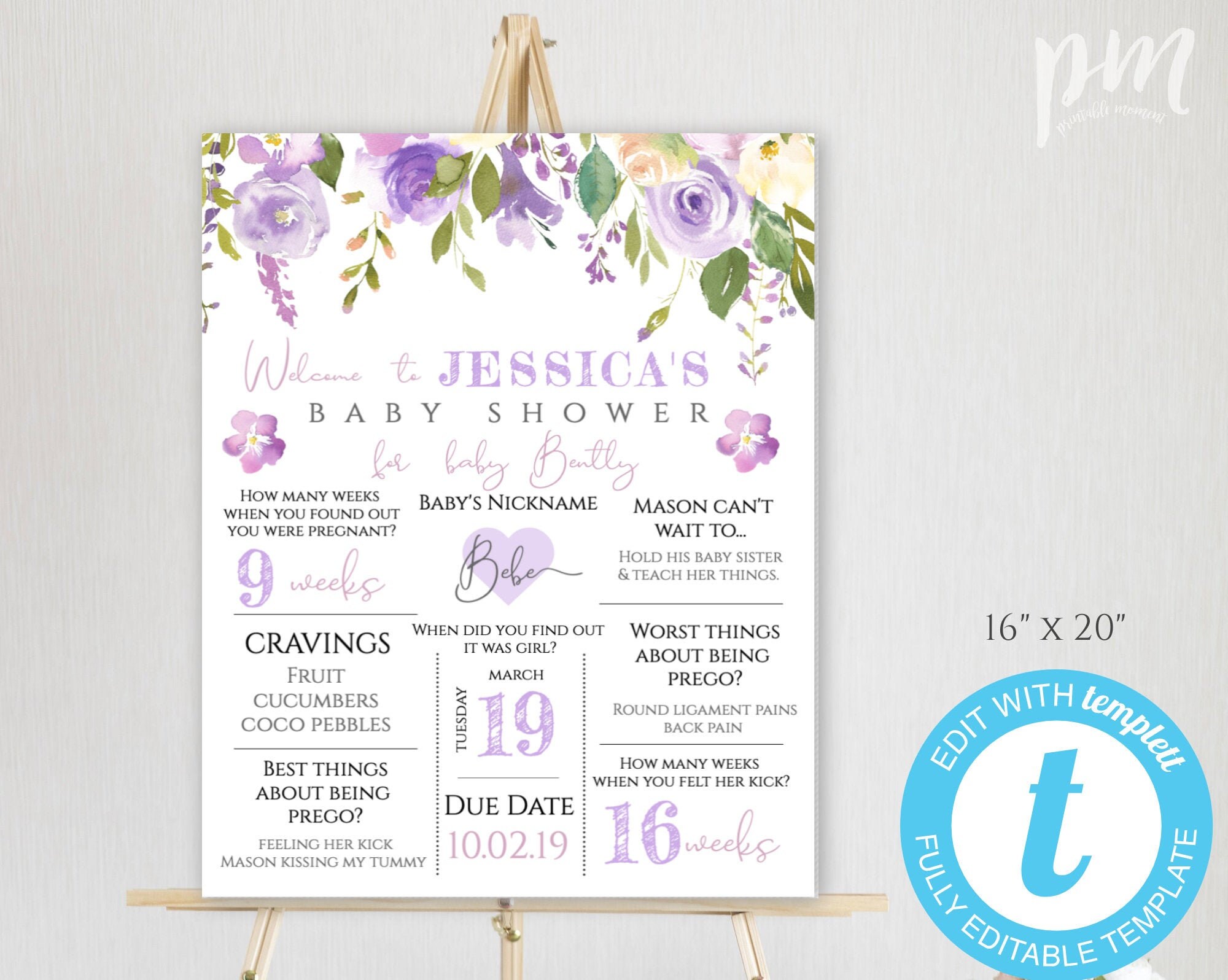 Purple Floral Pregnancy Stat Board Template, Pregnancy Keepsake Poster ...