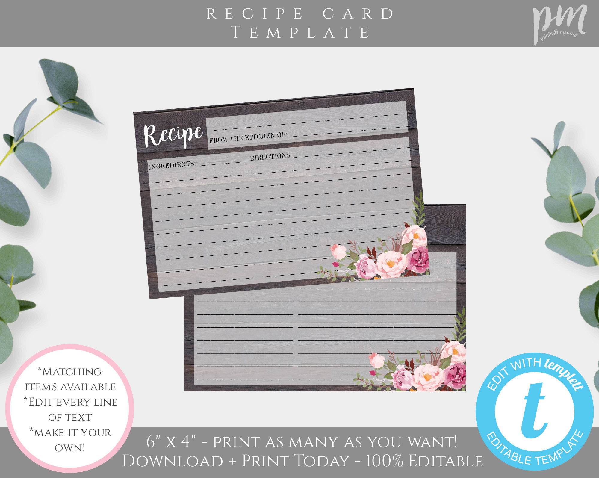 Rustic Floral Recipe Card Template, Bridal Shower Printable Recipe Card ...