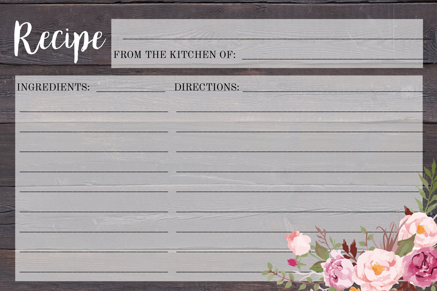 Rustic Floral Recipe Card Template, Bridal Shower Printable Recipe Card ...