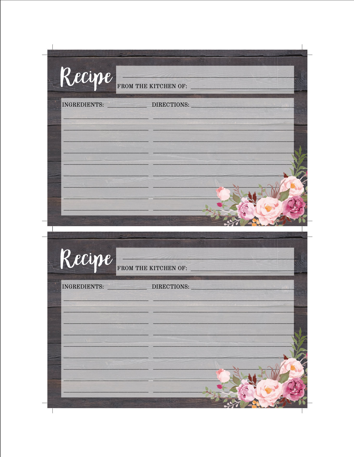 Rustic Floral Recipe Card Template, Bridal Shower Printable Recipe Card ...
