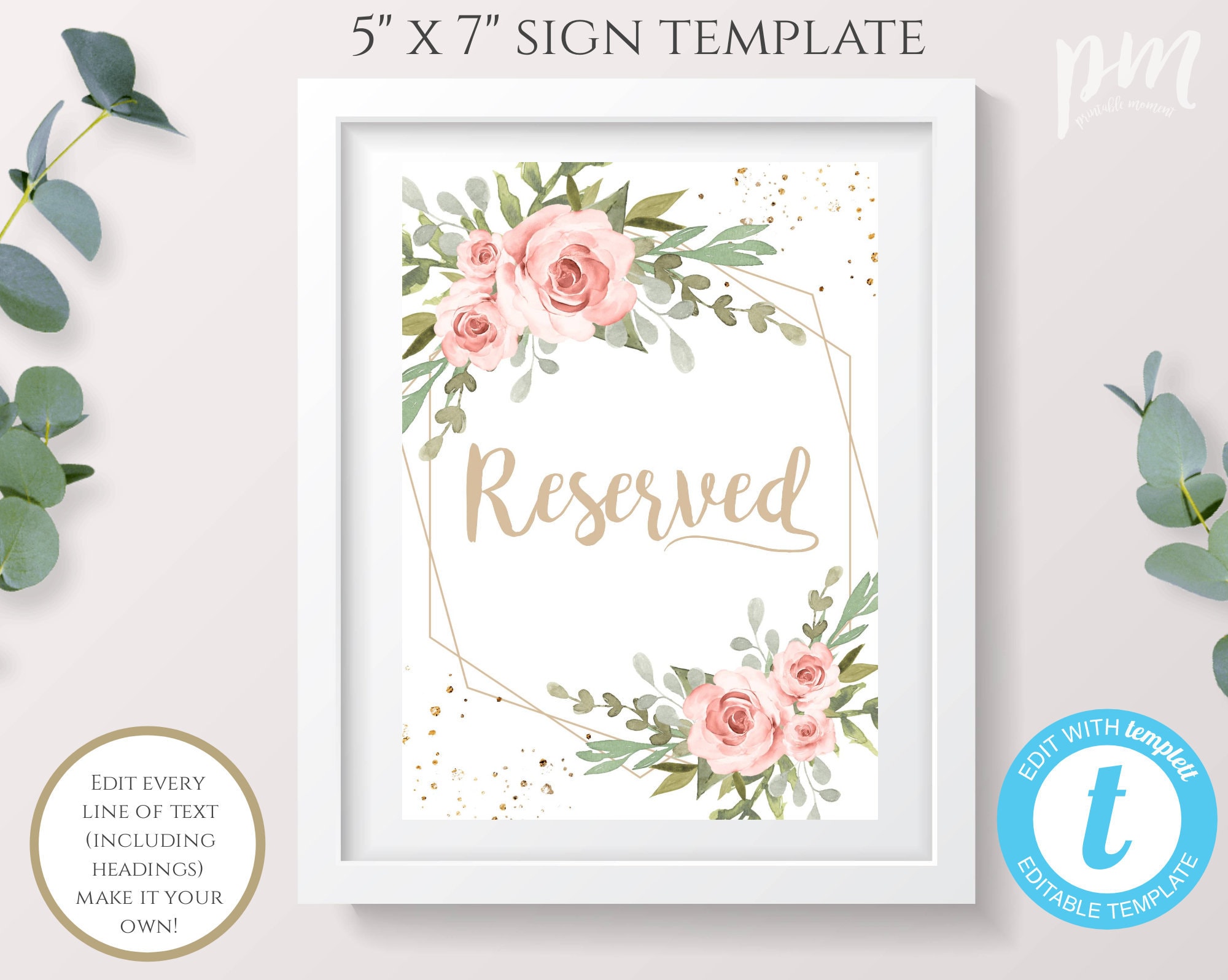 Pink Floral Reserved Sign Template, Editable Gold Geometric Baby Shower ...