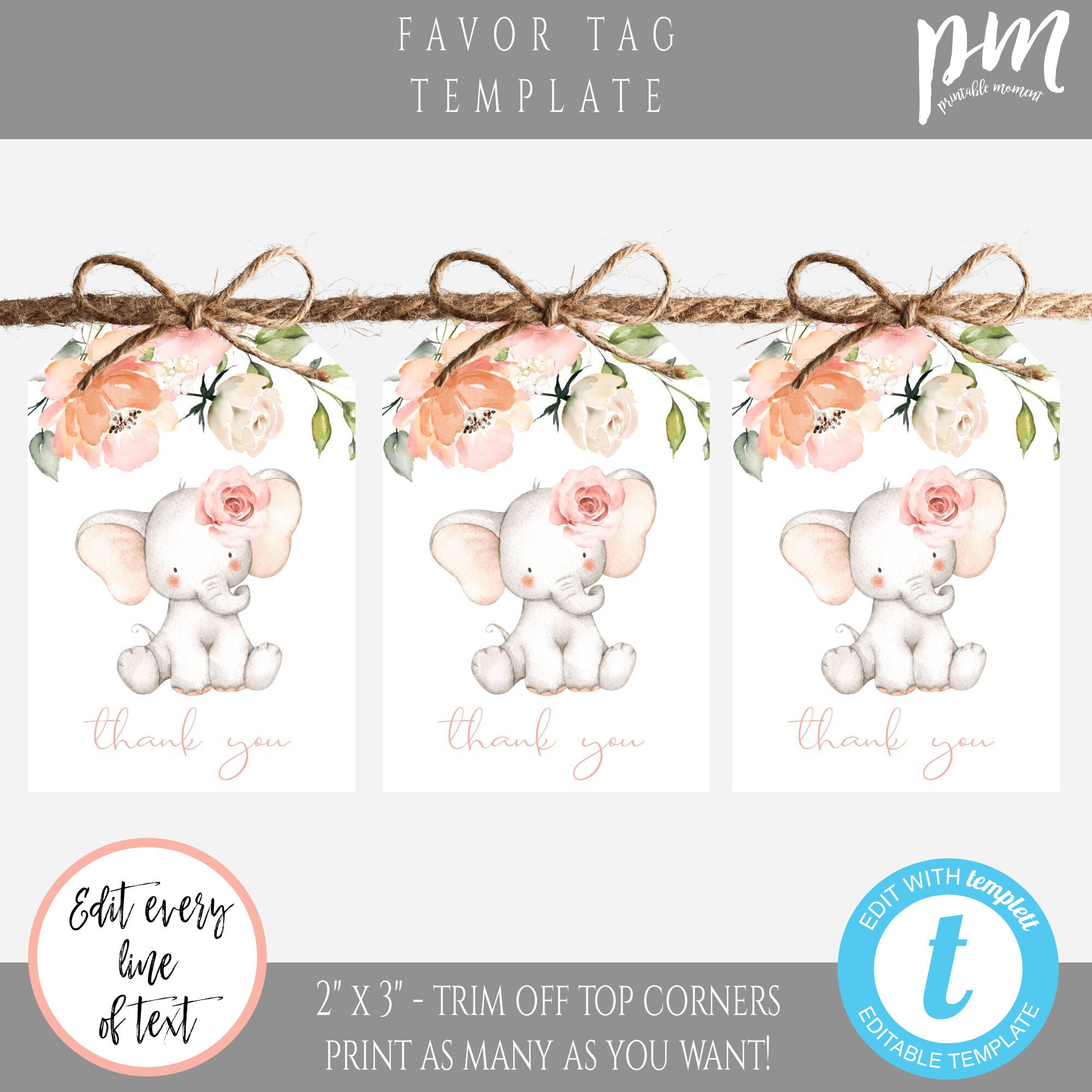 Girl Elephant Favor Tags Template, Gift Tag Printable, Tag Personalized ...