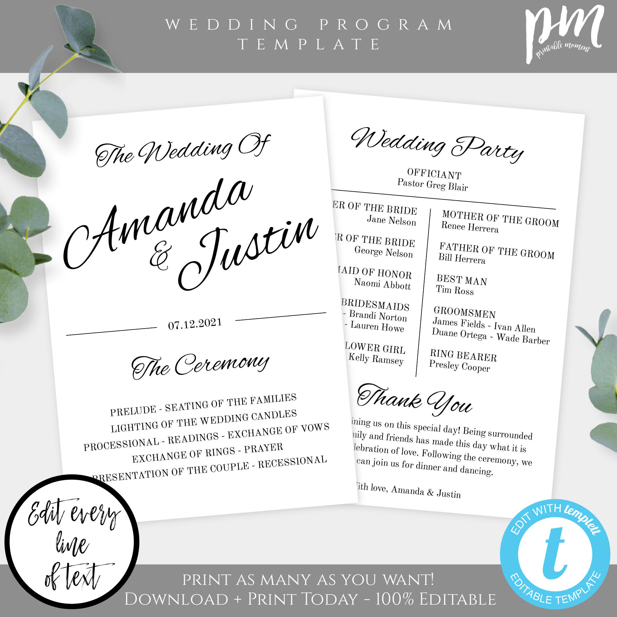 Simple Wedding Program Template, Cursive Script Printable Program, Instant Download, DIY ...