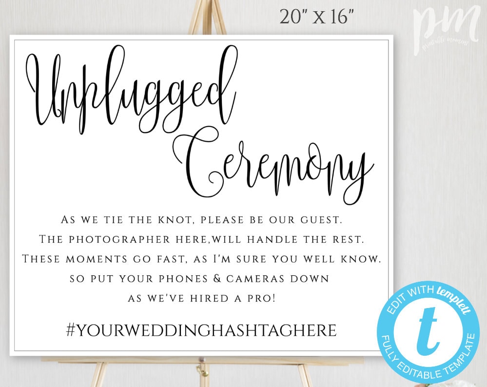 Script Unplugged Ceremony Sign, Hashtag Sign, Unplugged Sign Template ...