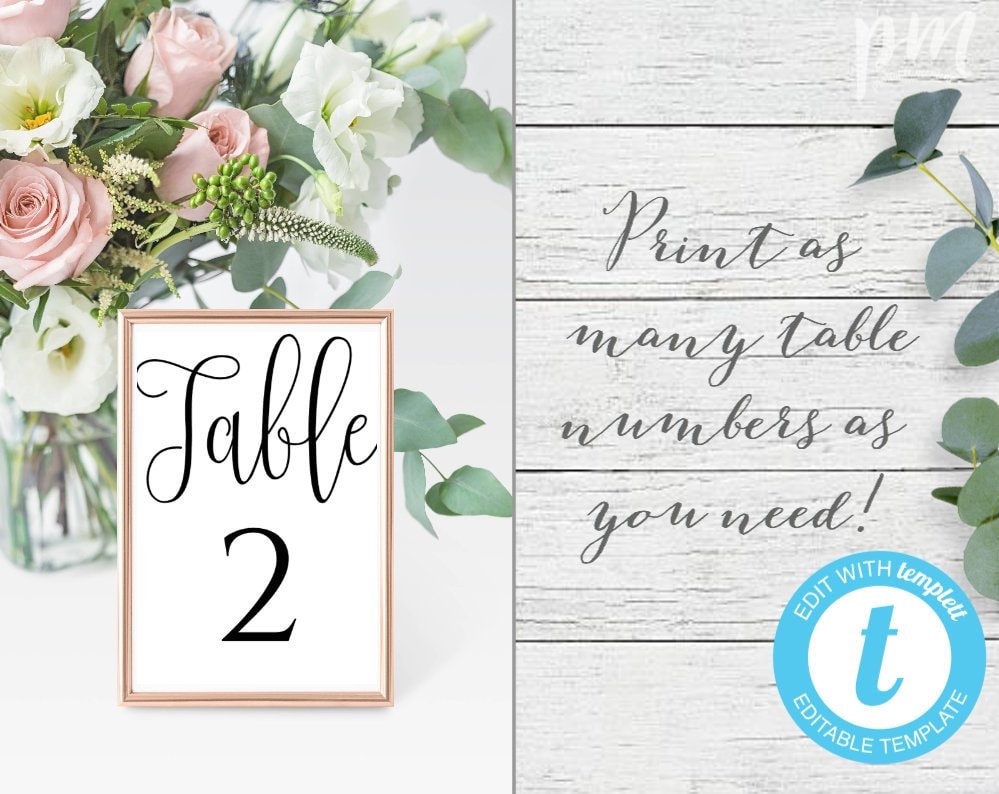 Printable Wedding Number Template, Calligraphy Table Number Cards ...