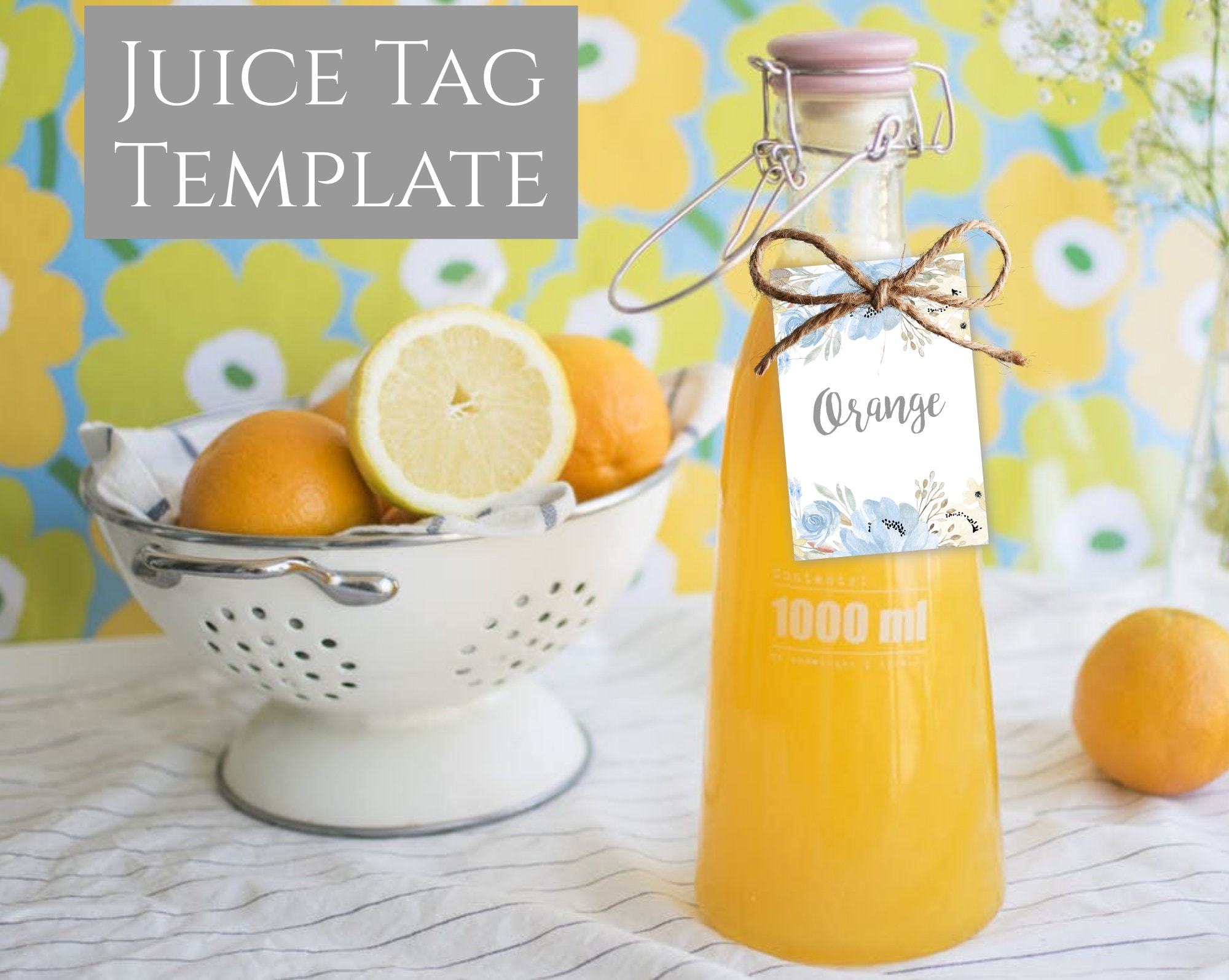 Mimosa Bar Juice Tag Template, Blue Floral Bridal Shower, Editable Mom ...