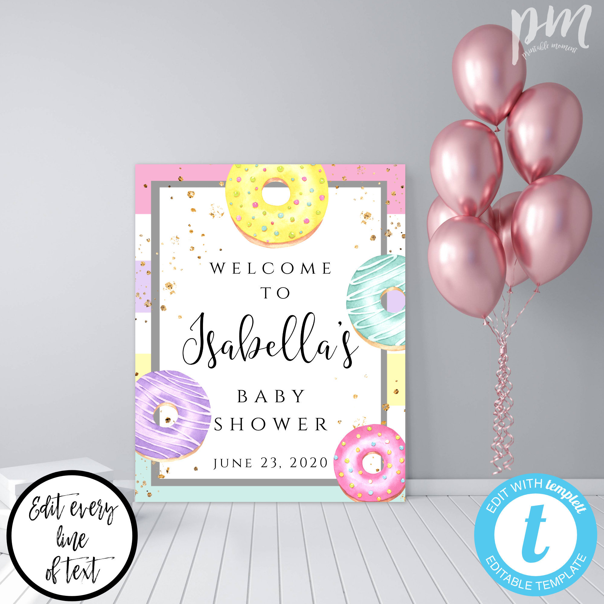 Donut Welcome Sign Template for Baby Shower, Donuts + Diapers Shower ...