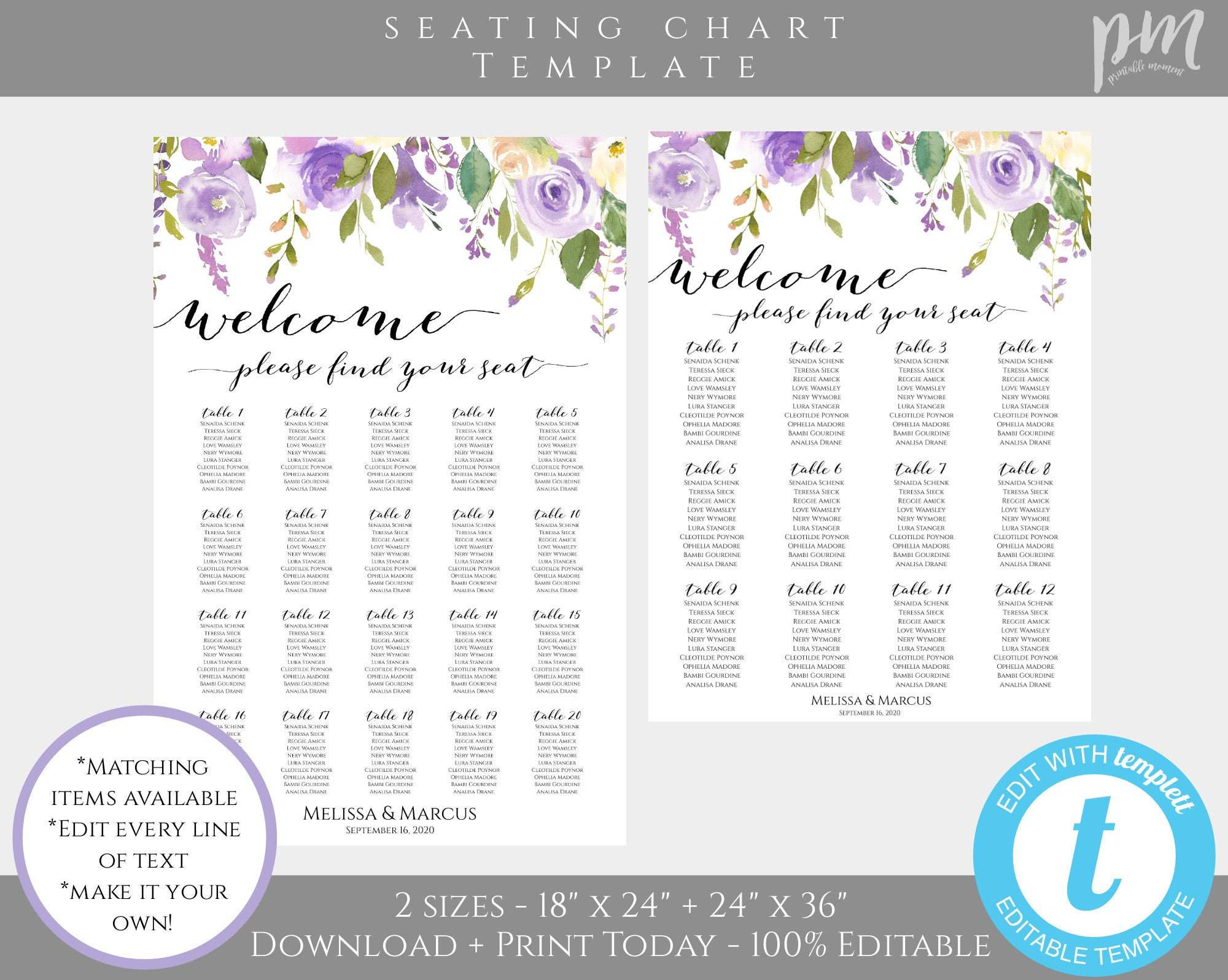 Lilac Wedding Seating Chart Template, Lavender Wedding Seating Sign ...