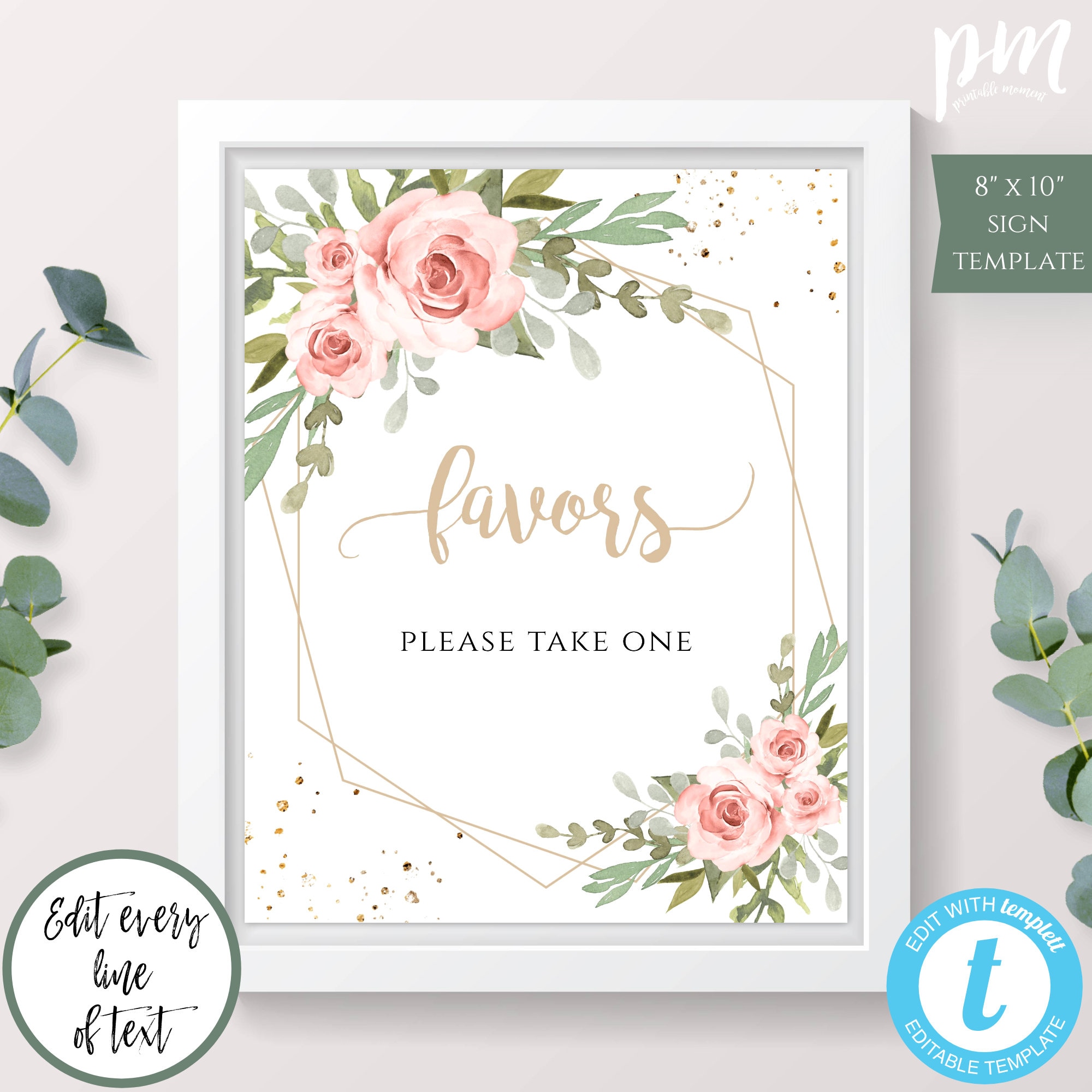 Blush Floral Favors Sign Template, Gold Geometric Baby Shower Decor ...