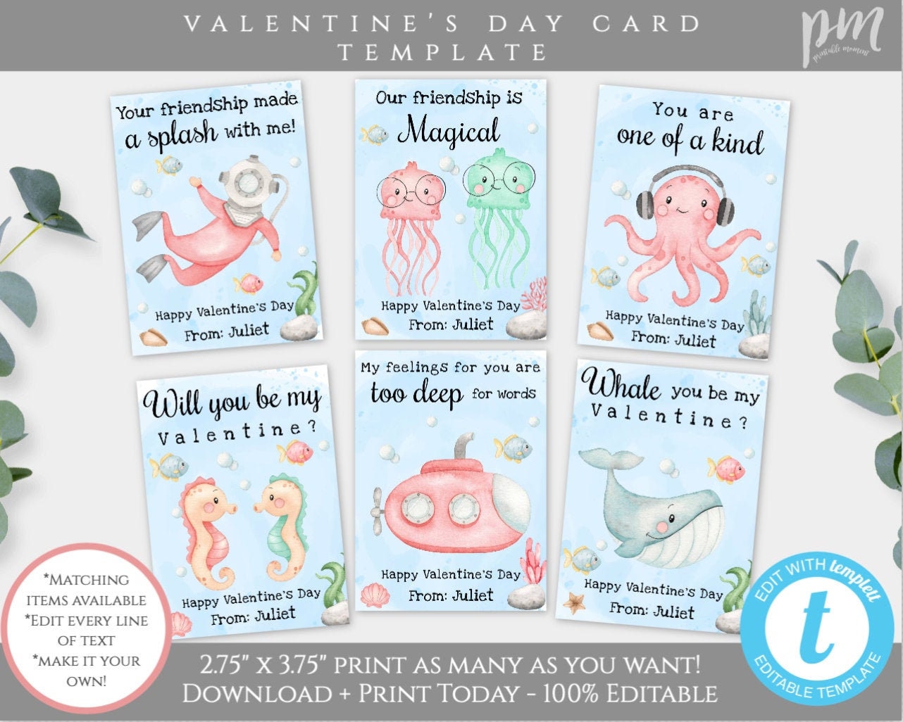 Ocean Valentines Day Card Template, Beach Valentines Cards for Kids ...