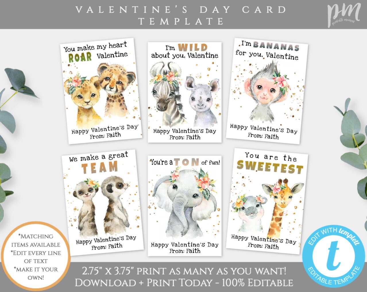 Jungle Valentine Card Template, Safari Valentines Cards for Kids ...