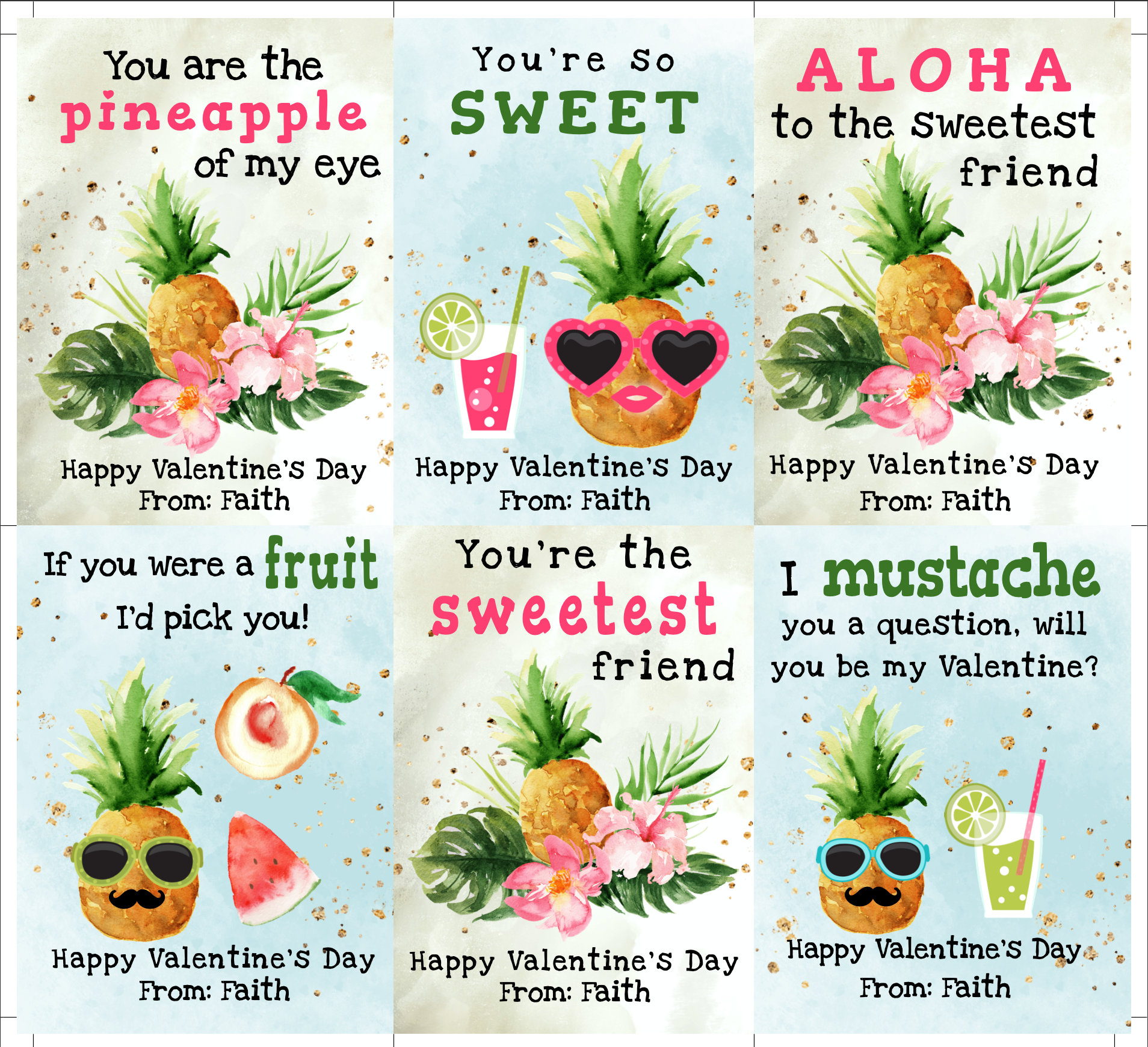 Pineapple Valentines Cards for Kids, Tropical Valentines Cards for ...