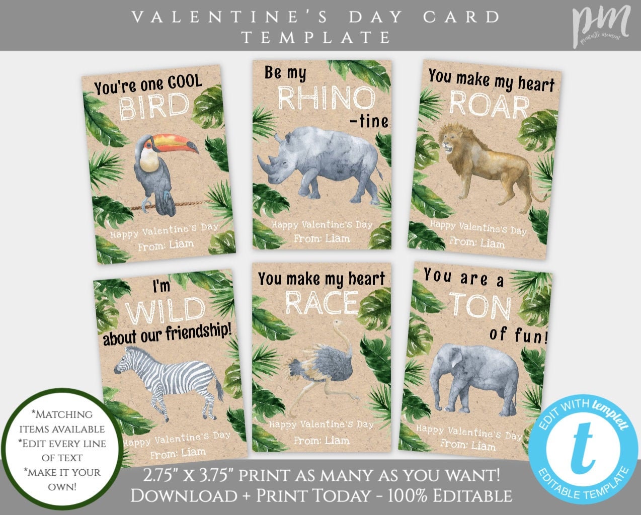 Safari Valentines Day Card Template, Safari Valentines Cards for Kids ...