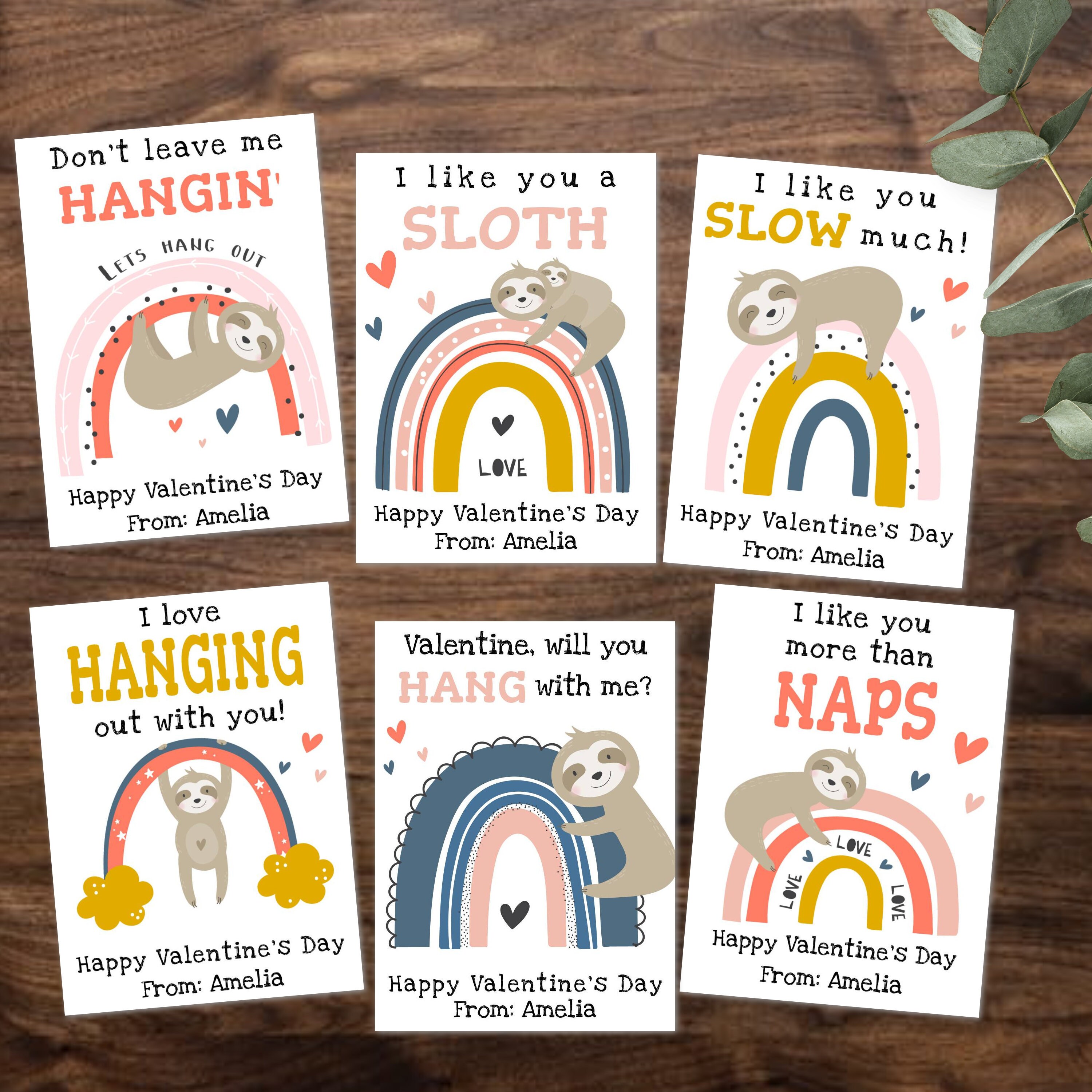 Sloth Valentines Day Card Template, Rainbow Valentines Cards for Kids ...