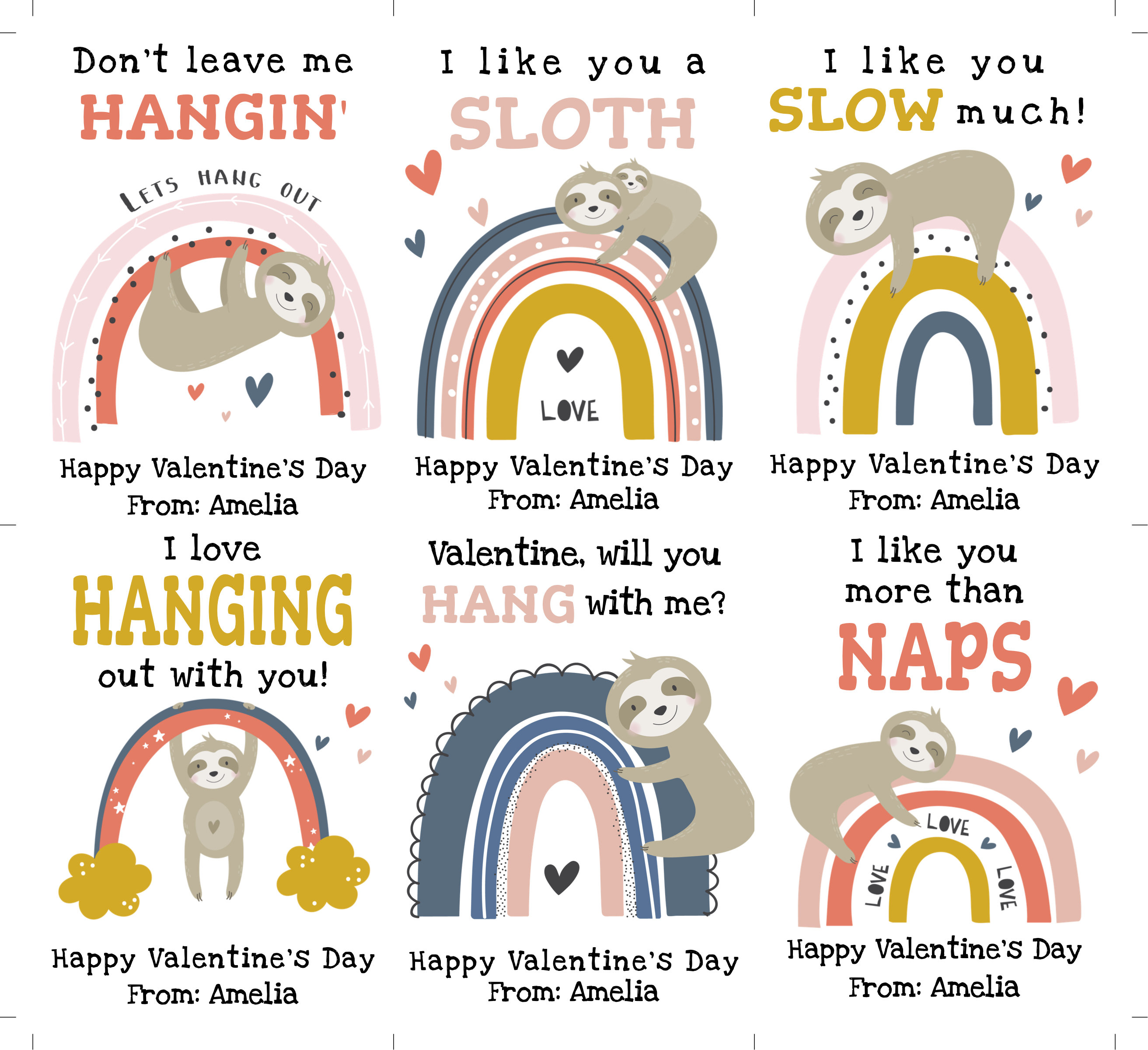 Sloth Valentines Day Card Template, Rainbow Valentines Cards for Kids ...