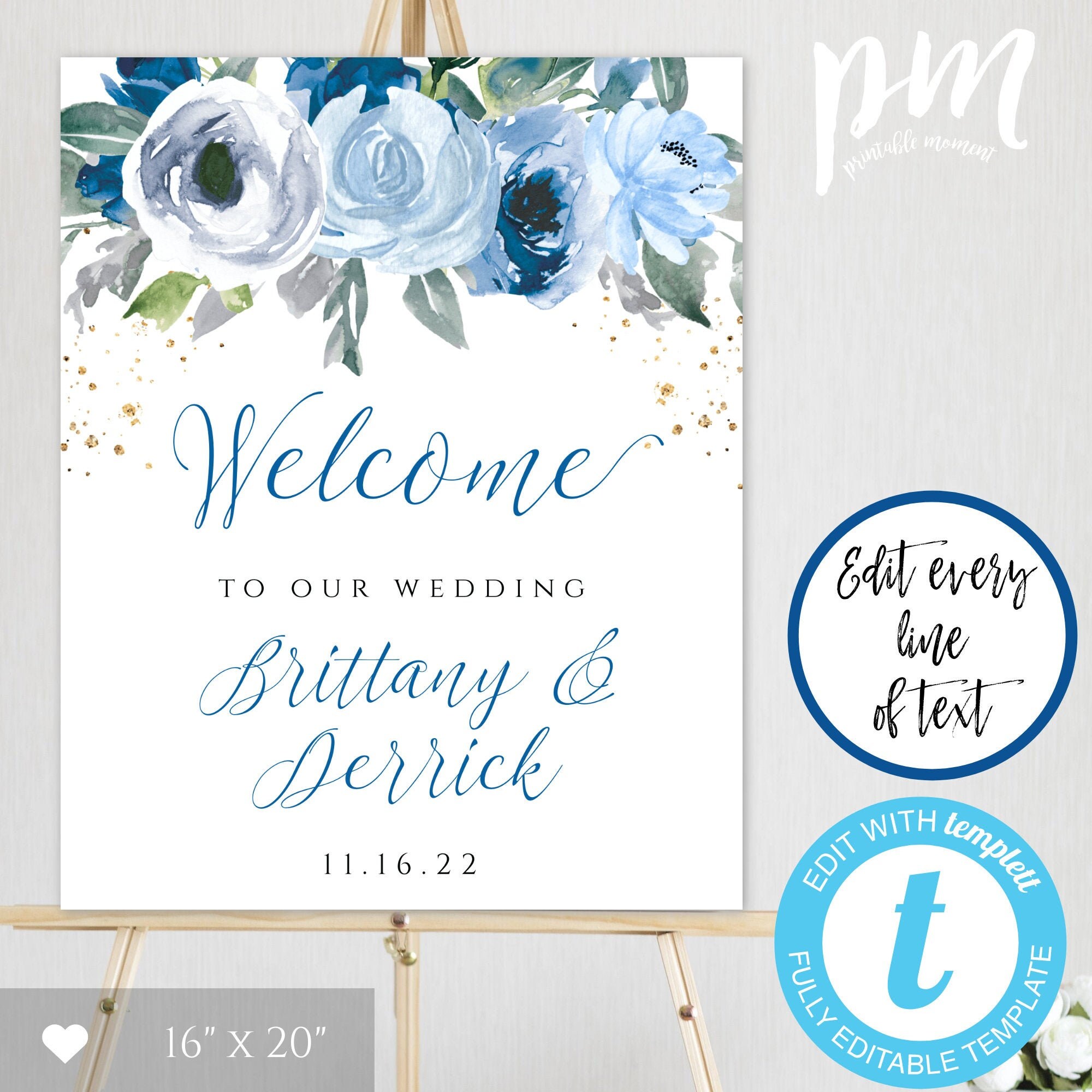 Blue Floral Wedding Welcome Sign Template, Welcome Poster 16x20 ...
