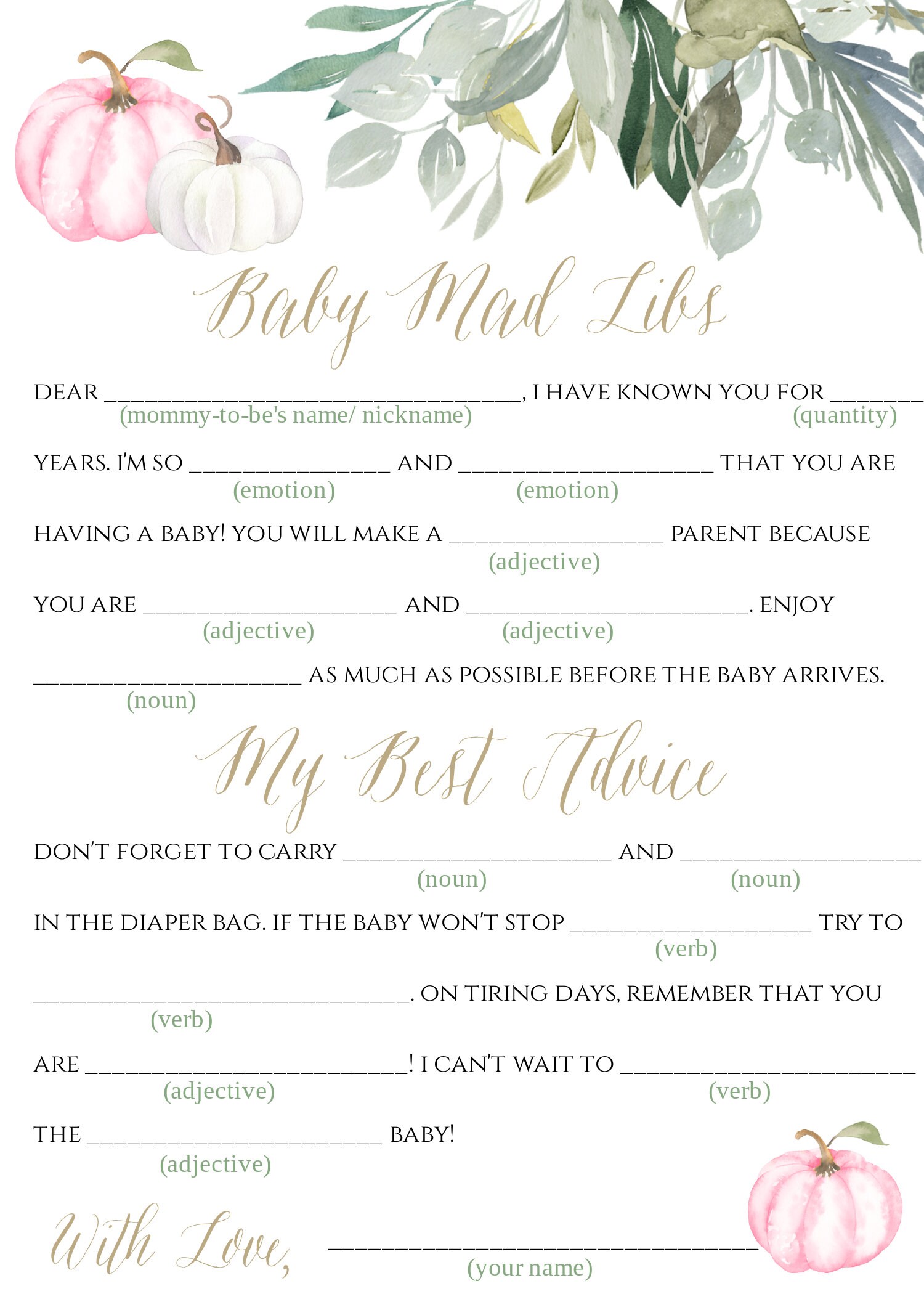 Baby Shower Mad Libs Game Template, Editable Pink Pumpkin Fall Baby ...
