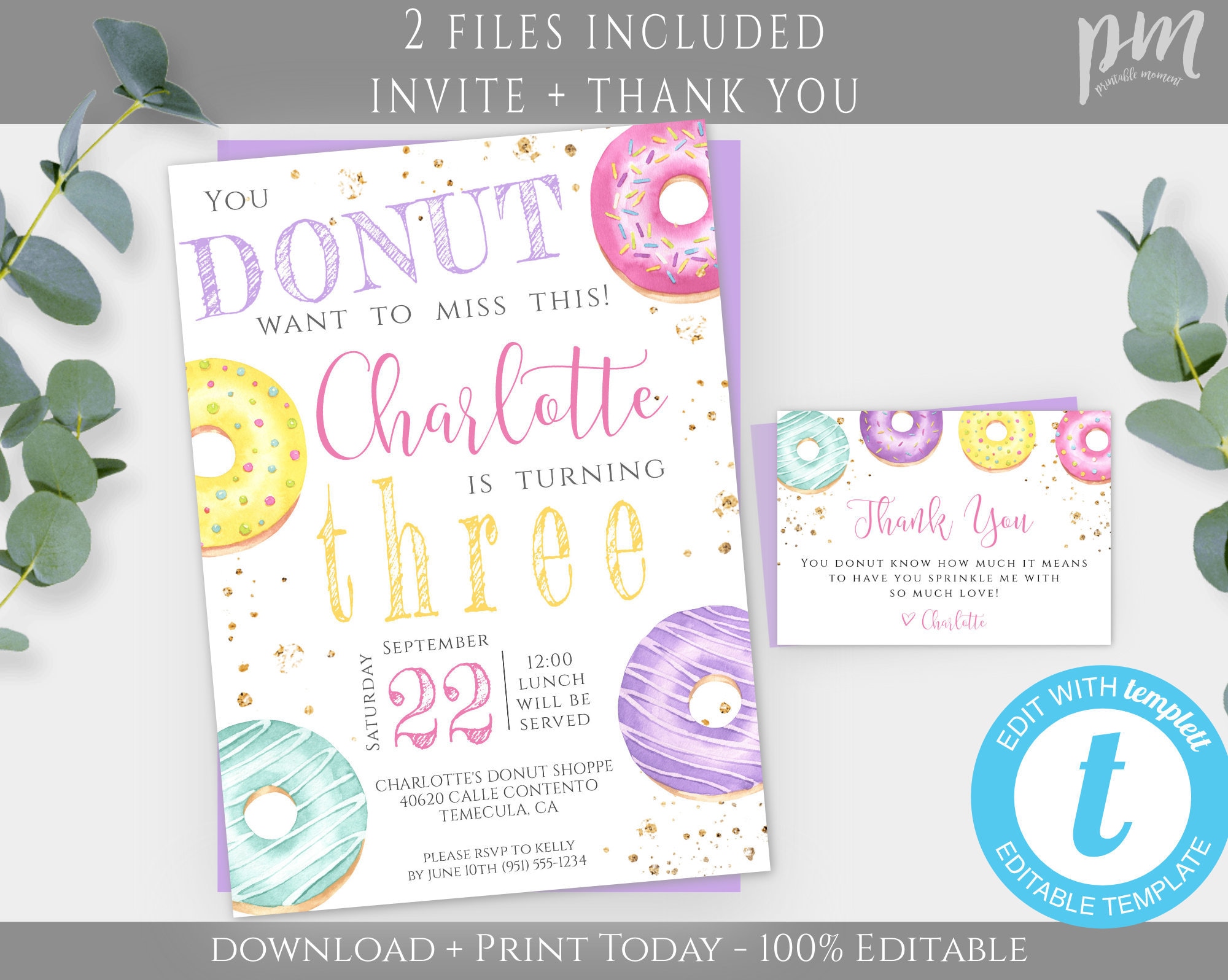 Donut Birthday Invitation Template with Thank You Card, Donut Party ...